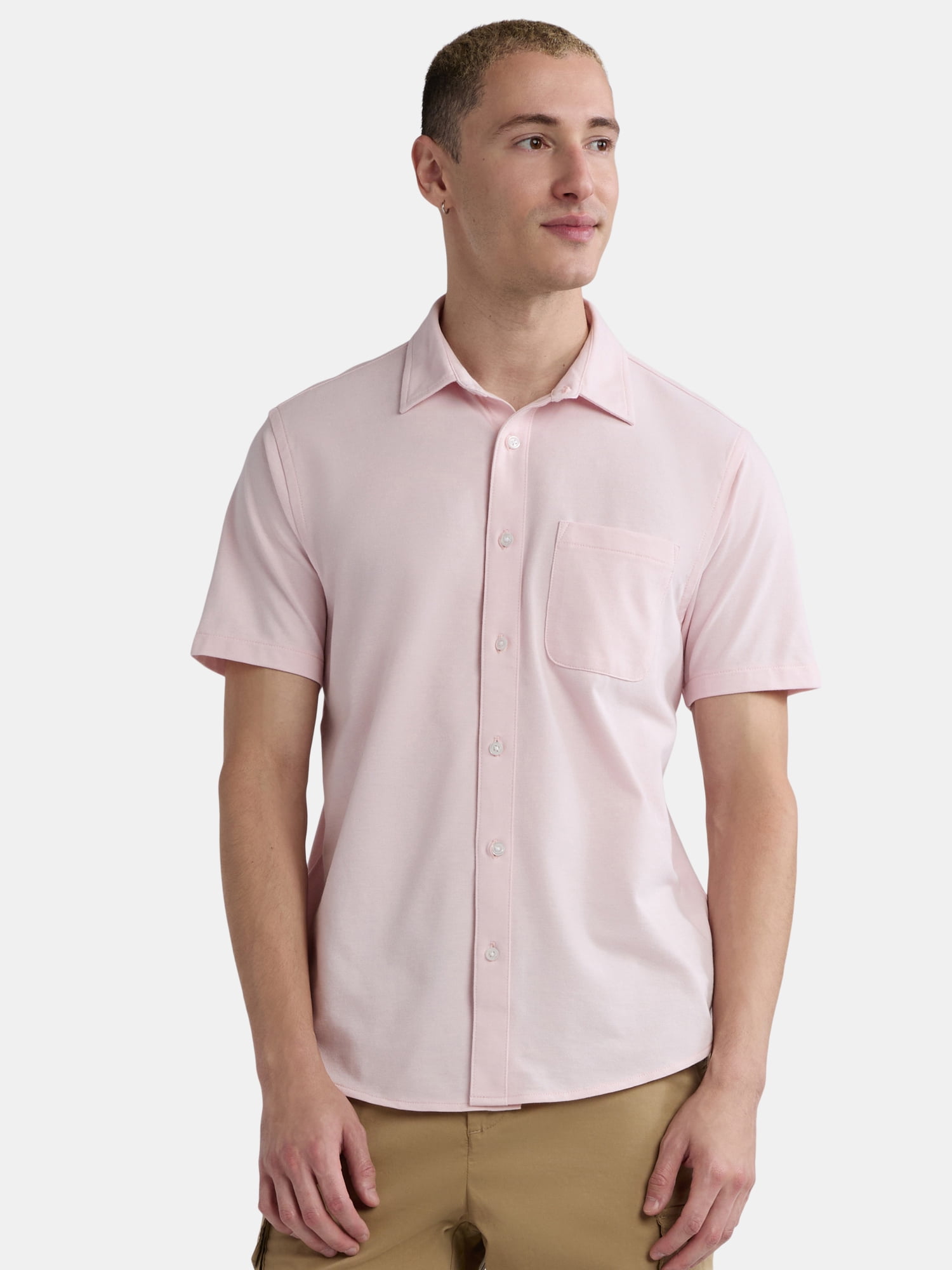 George Men's & Big Men's Cotton Knit Button Up Shirt with Short Sleeves ...