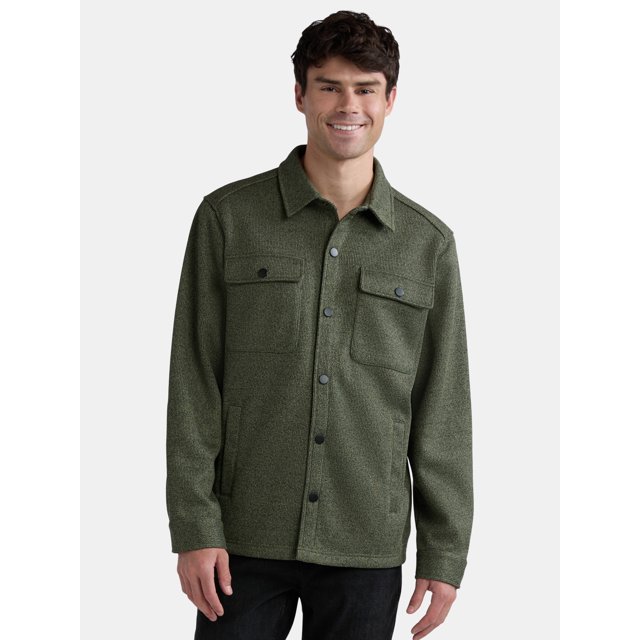 George Men's Fleece Knit Shirt Jacket, Long Sleeves, Pockets, Polyester ...