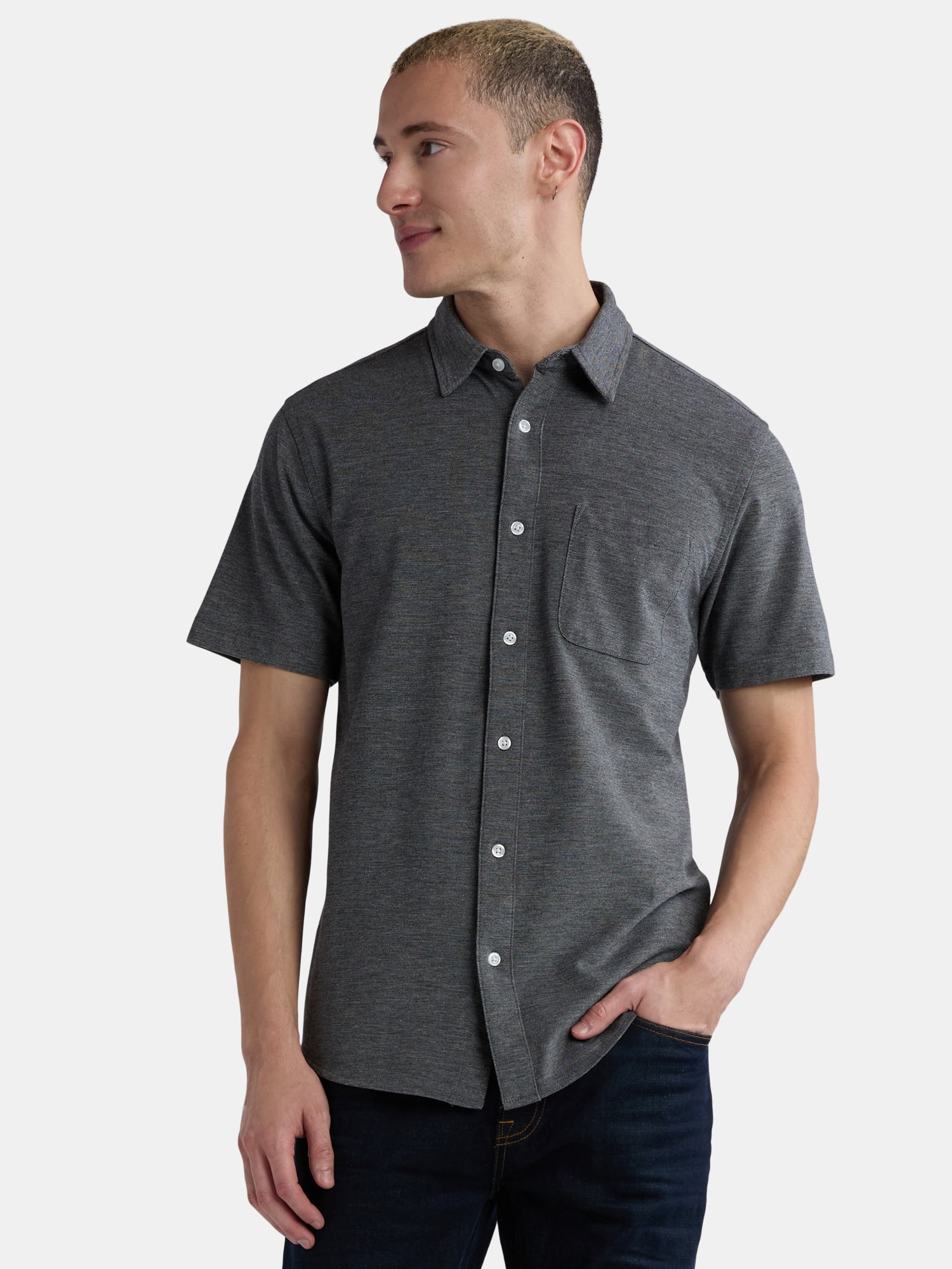 George Men's Short Sleeve Knit Button-Up Shirt in Cotton Blend Sizes S ...
