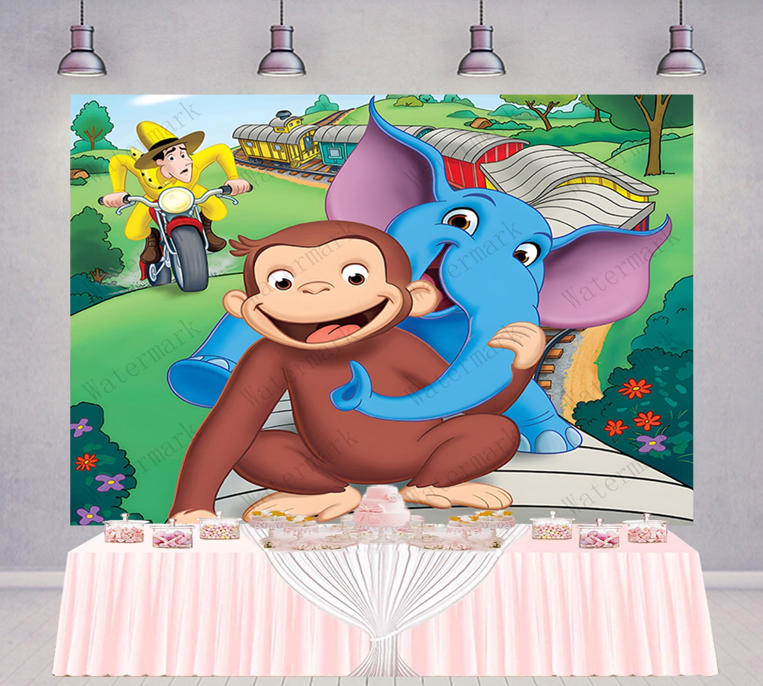 George Monkey Backdrop Kids Birthday Background Yellow Banana Cake ...