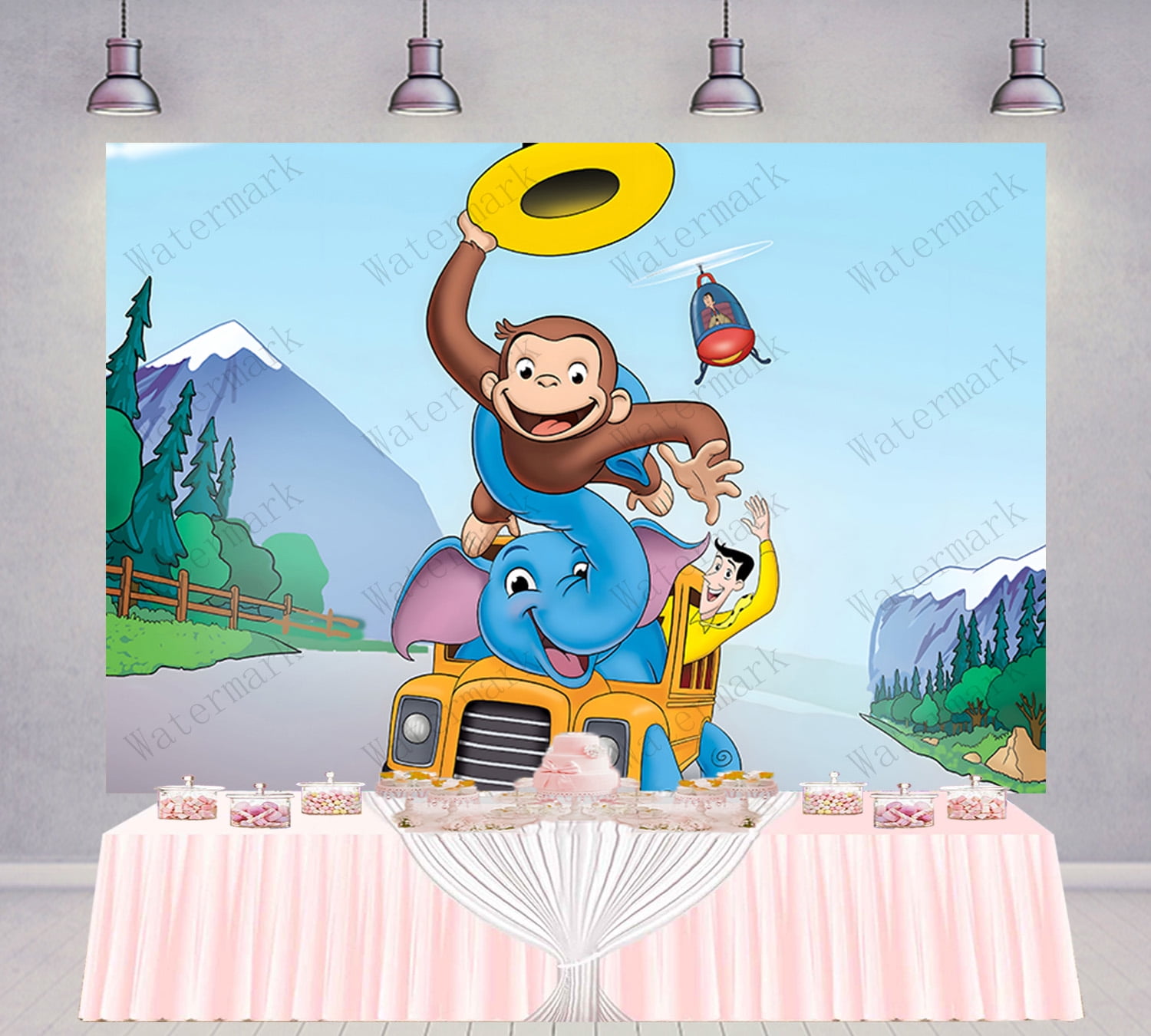 George Monkey Backdrop Kids Birthday Background Yellow Banana Cake ...