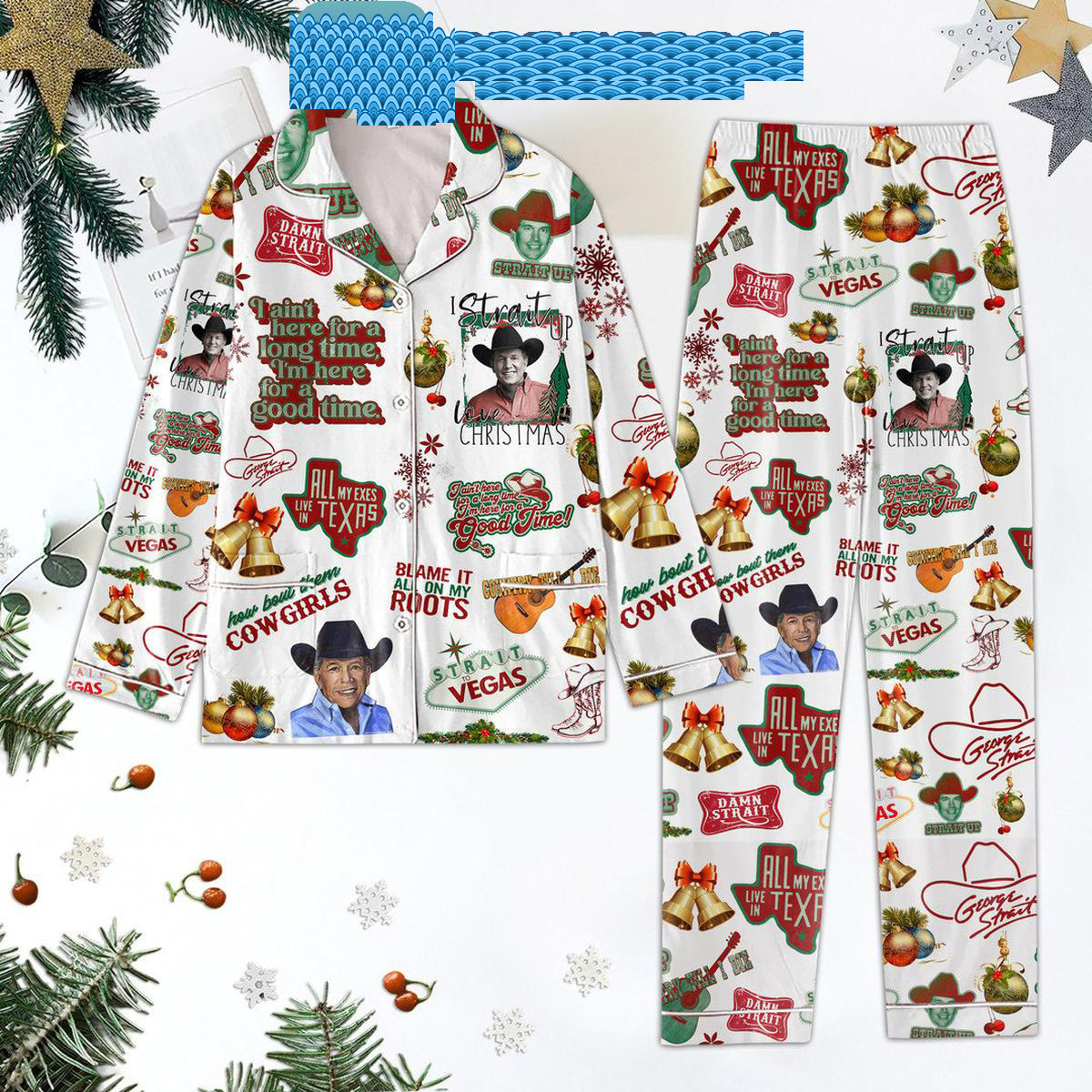 George Strait Blame It On My Roots Christmas 2024 Polyester Pajamas Set ...
