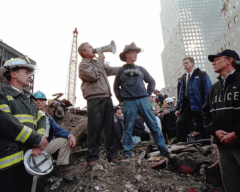 George W. Bush with NYC Firefighter at Ground Zero - 20x30 Inch ...