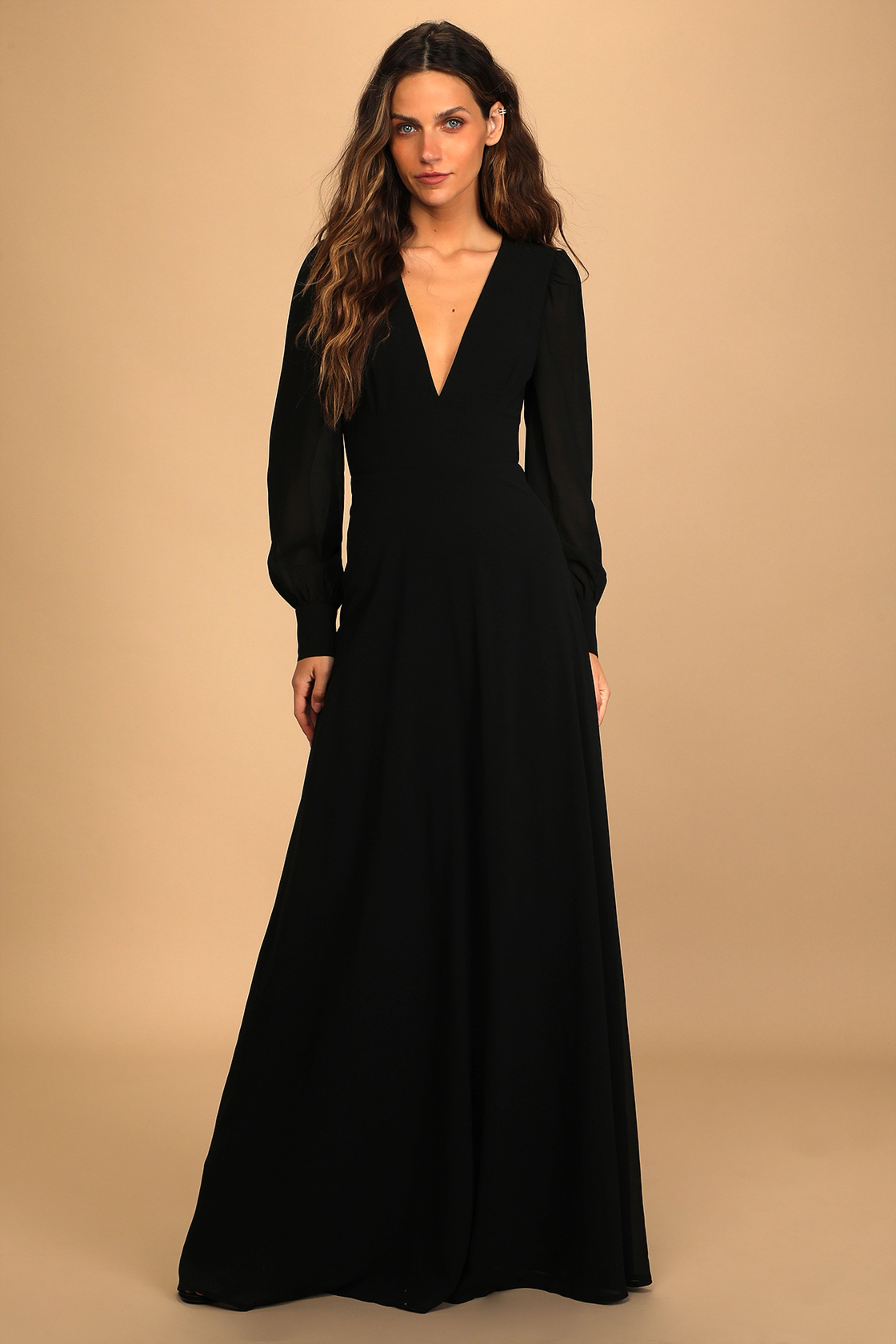 Georgette Long Sleeve Puff V-Neck Plain Tall Dress - Walmart.com