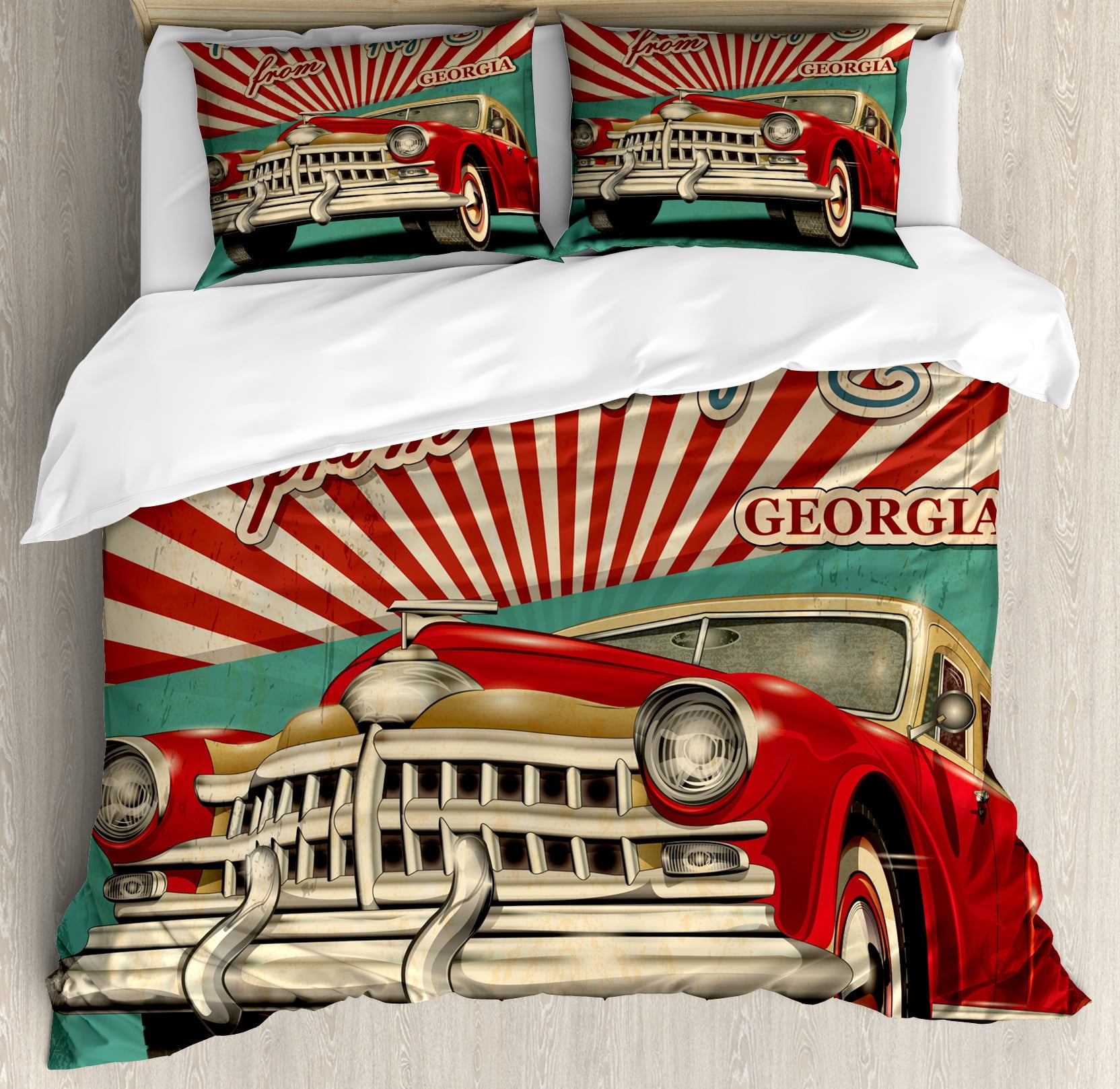 Georgia Duvet Cover Set, Grunge Composition of Lettering Retro Car and ...