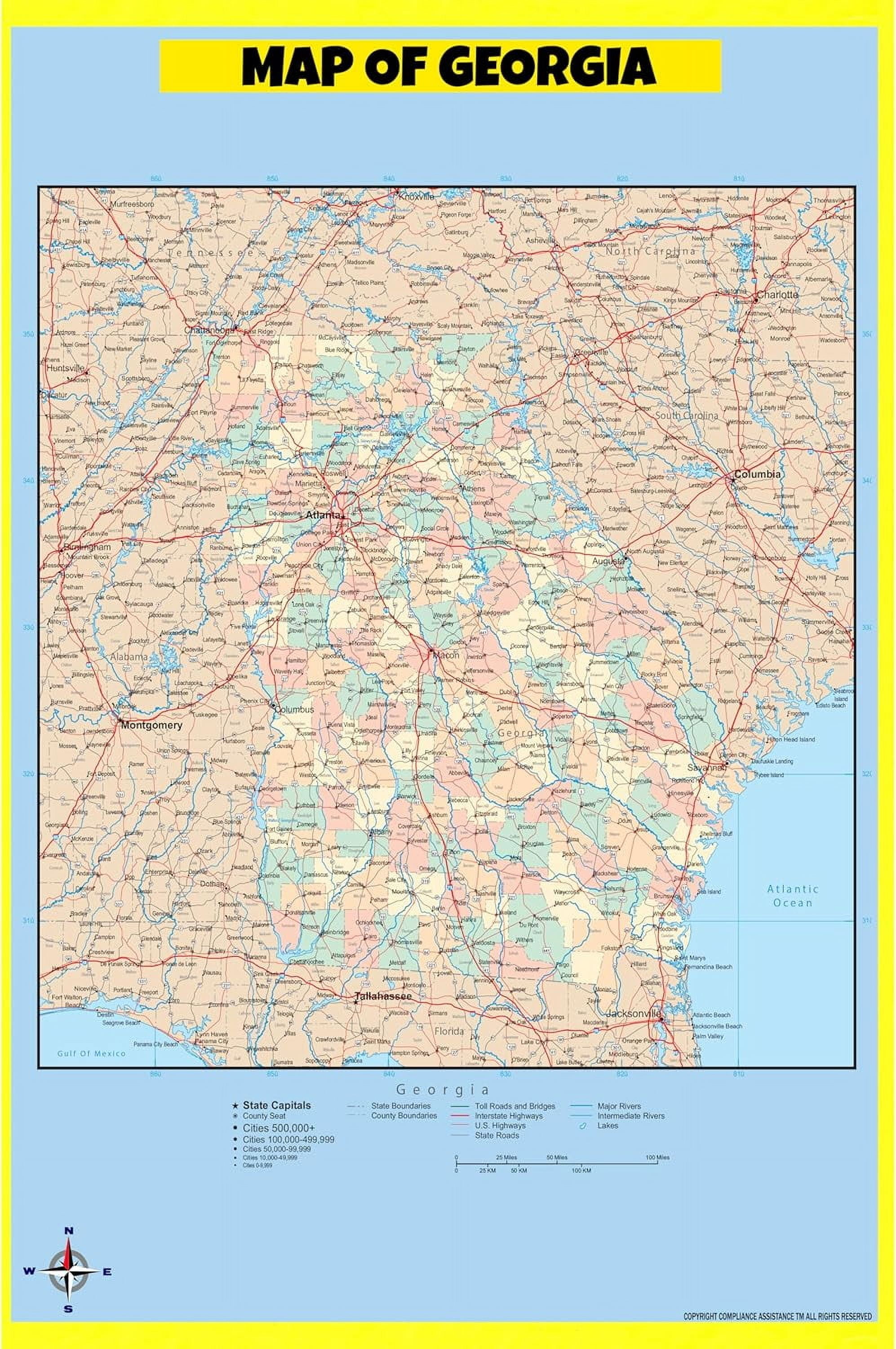 Georgia Map Poster - Laminated Wall Map - Style D - 18x24 - Ideal for ...