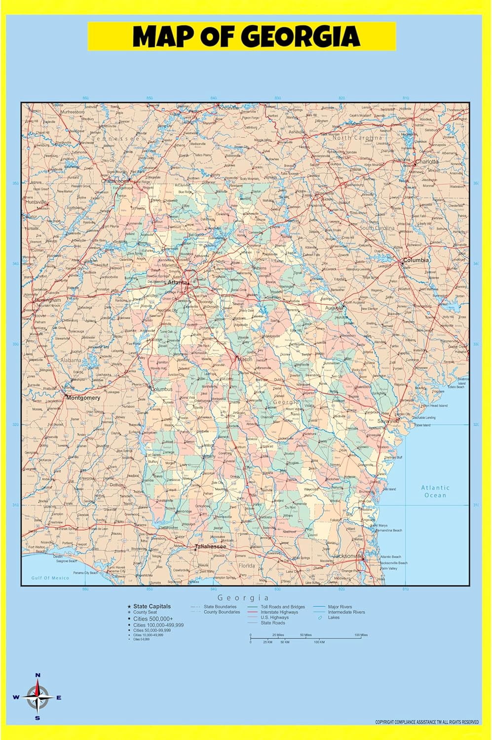 Georgia Map Poster - Laminated Wall Map - Style D - 36x60 - Ideal for ...
