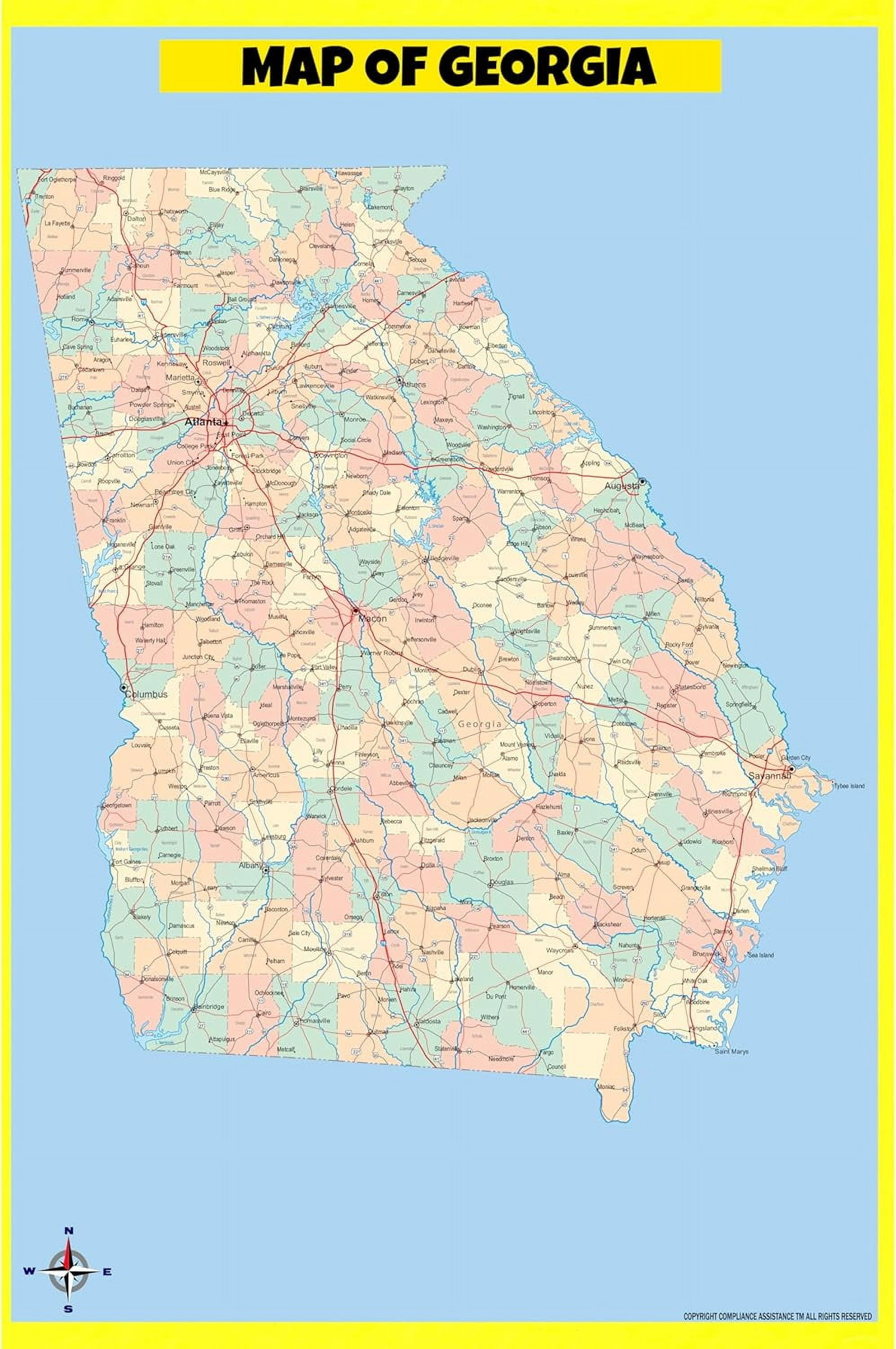 Georgia Map Poster - Laminated Wall Map - Style E - 24x36 - Ideal for ...