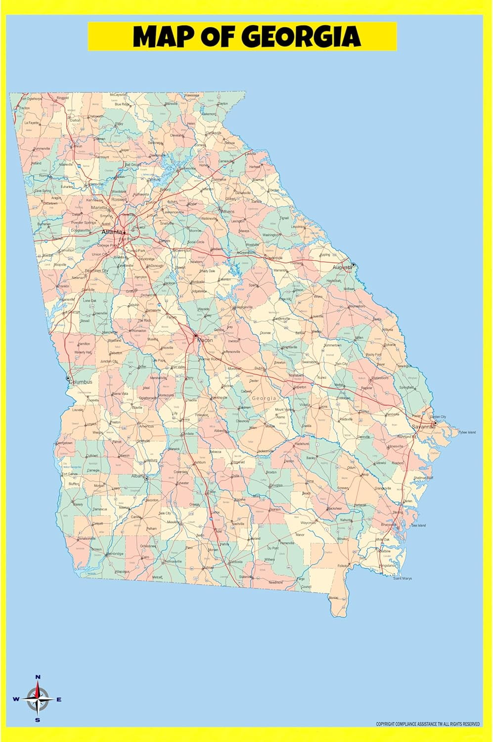 Georgia Map Poster - Laminated Wall Map - Style E - 36x60 - Ideal for Classrooms and Homes ...