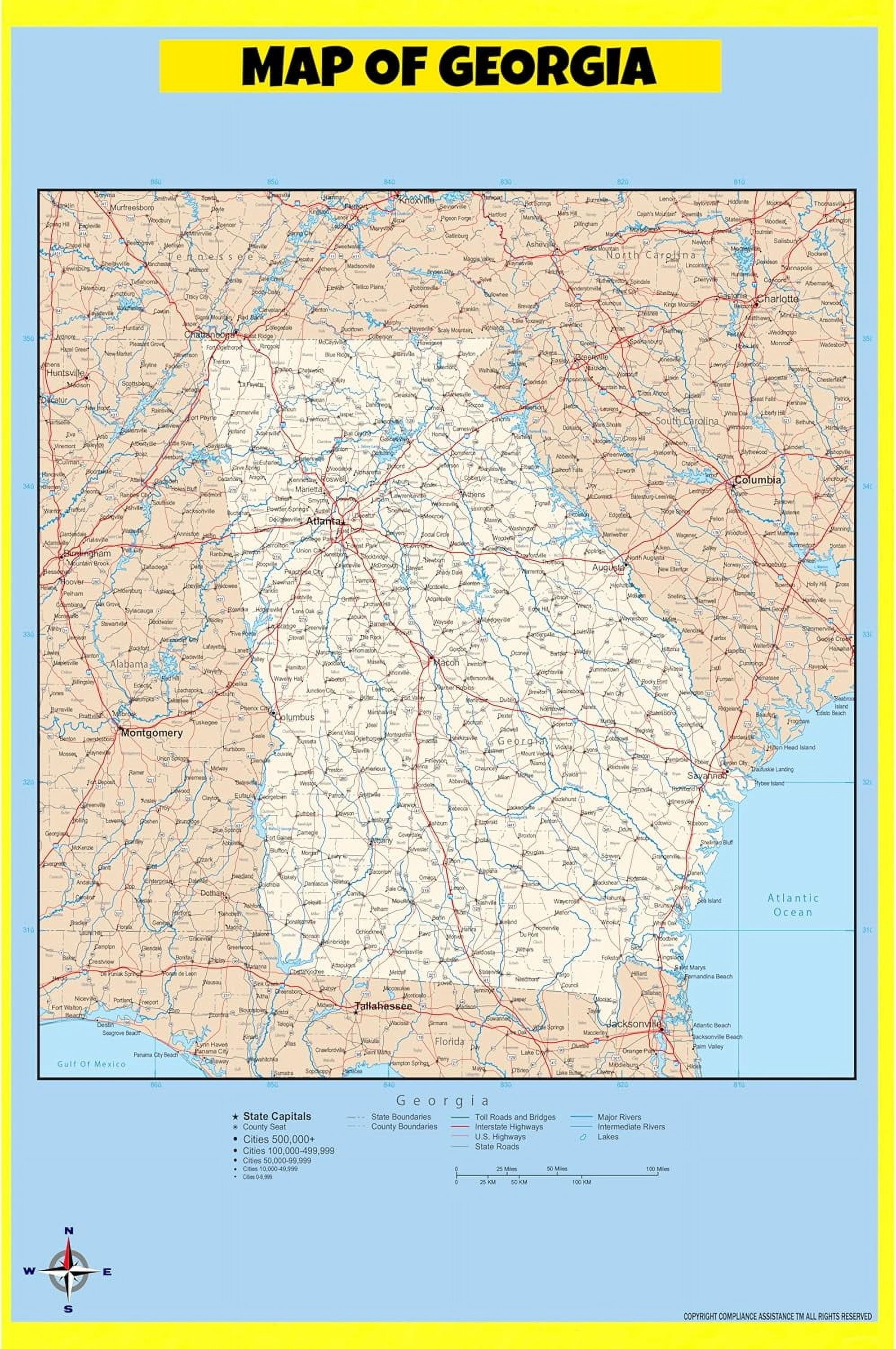 Georgia Map Poster - Laminated Wall Map - Style F - 24x36 - Ideal for ...
