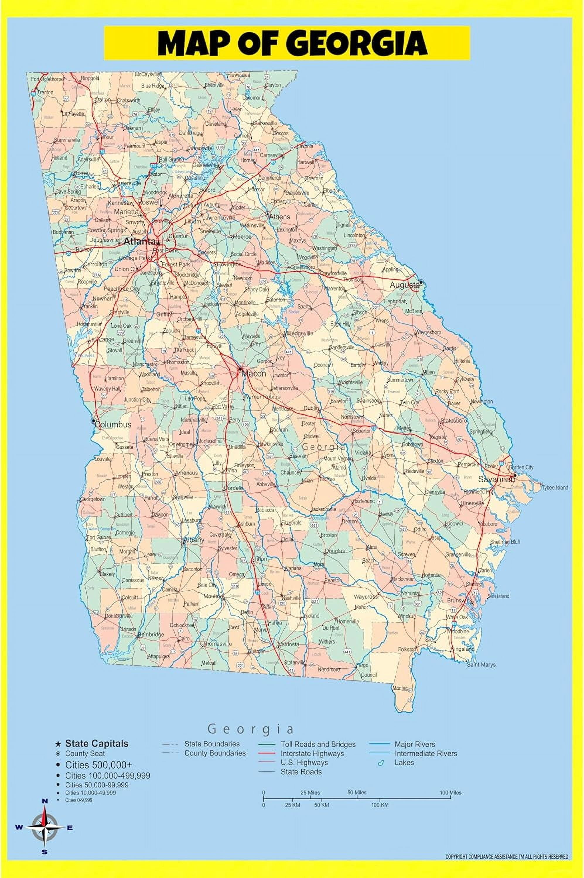 Georgia Map Poster - Laminated Wall Map - Style G - 36x60 - Ideal for ...