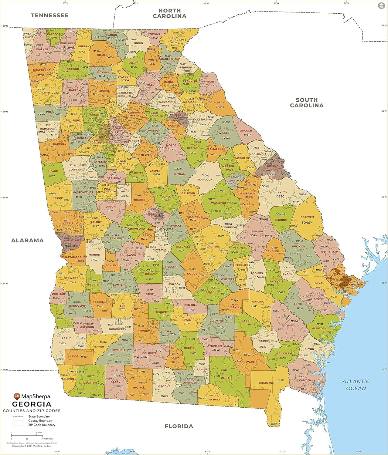 Georgia ZIP Code Map with Counties - Large - 48" x 56.5" Laminated ...