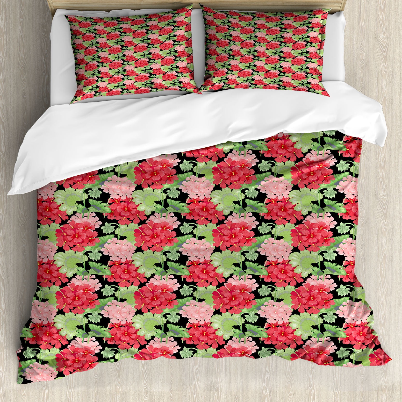Geraniums Duvet Cover Set, Hand Drawing Victorian Style Flowers with ...
