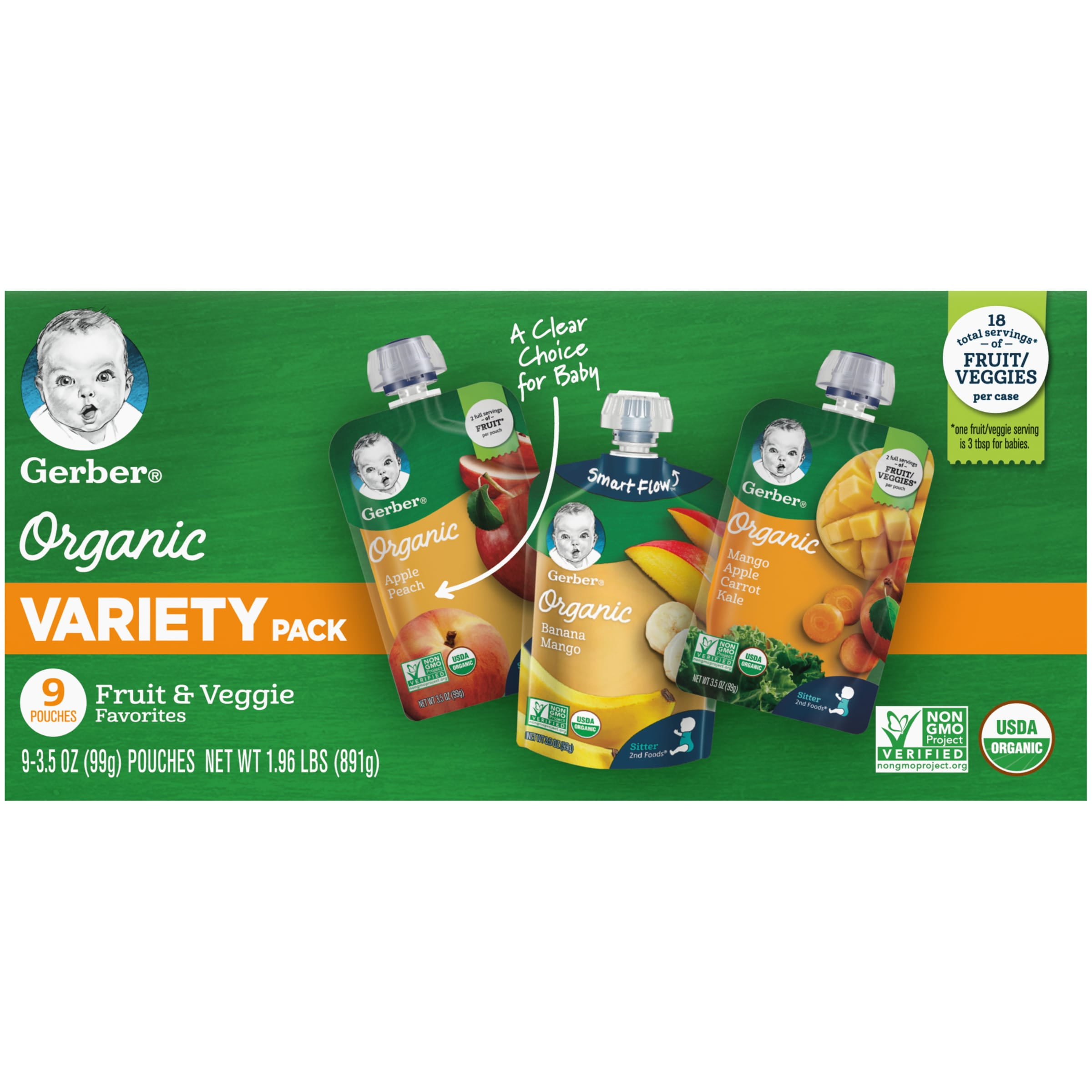 Gerber 2nd Foods Organic for Baby Fruit & Veggie Favorites, Variety ...