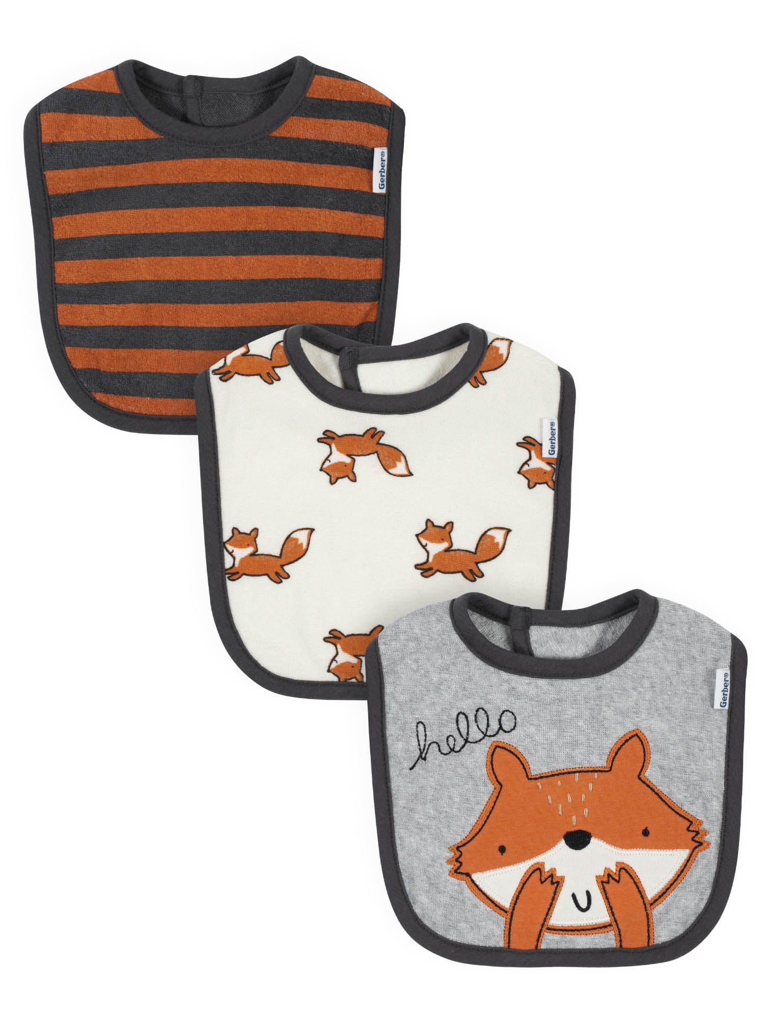 Gerber Baby Boy Cotton Terry Bibs Set, Gray Fox/Orange Fox Print, 3 ...