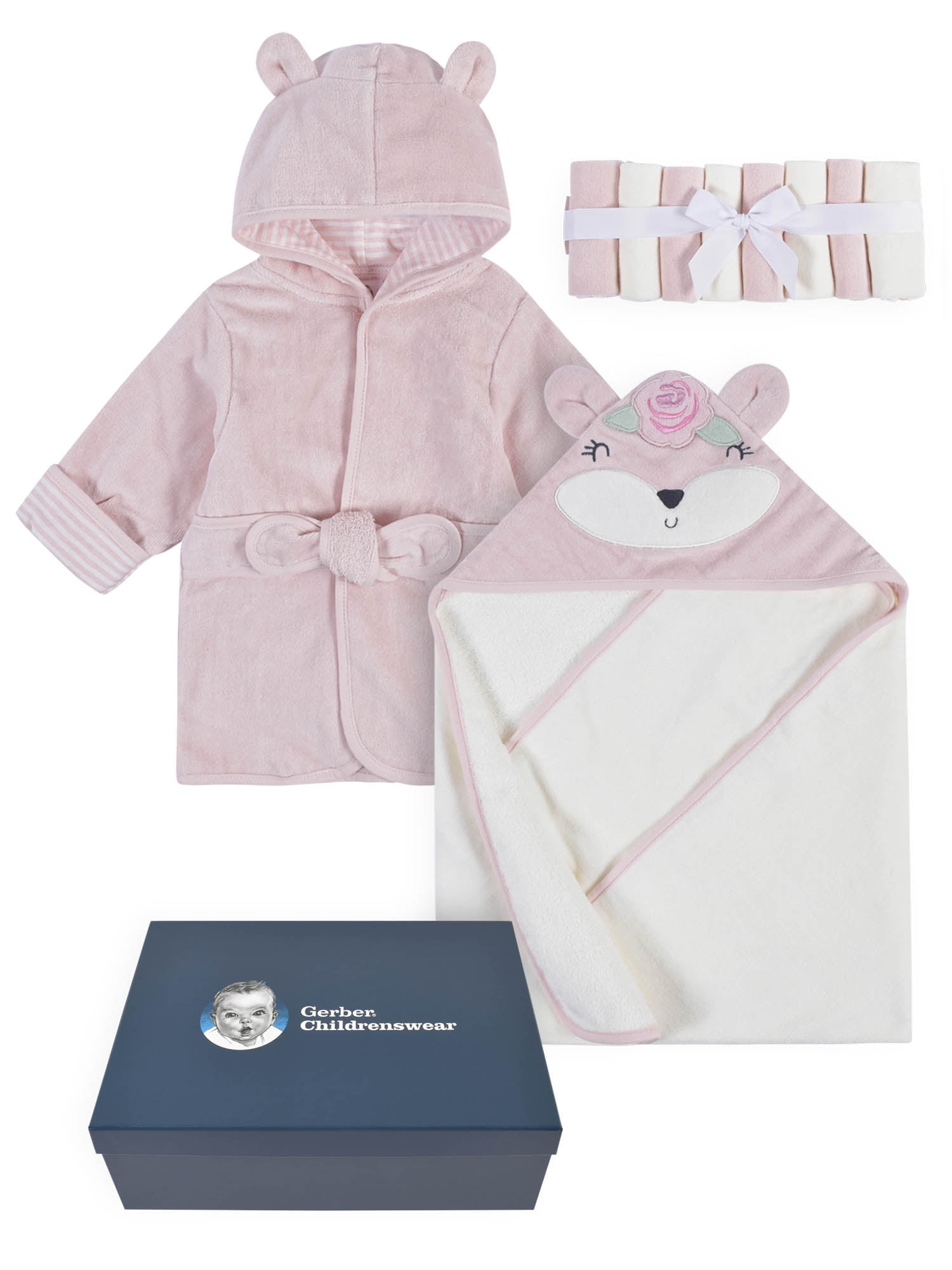 Gerber Baby Unisex Velour Hooded Towel Robe Washcloths Cotton Bath Set ...