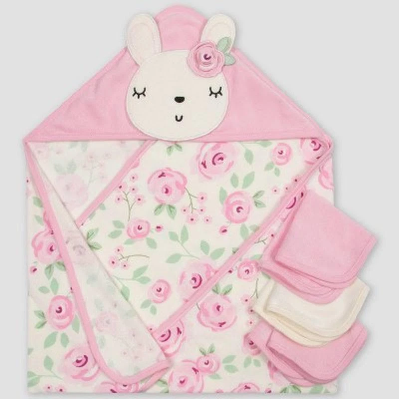 Gerber Bunny Pink Roses Baby Girl 4 Piece Terry Bath Set Hooded Towel ...