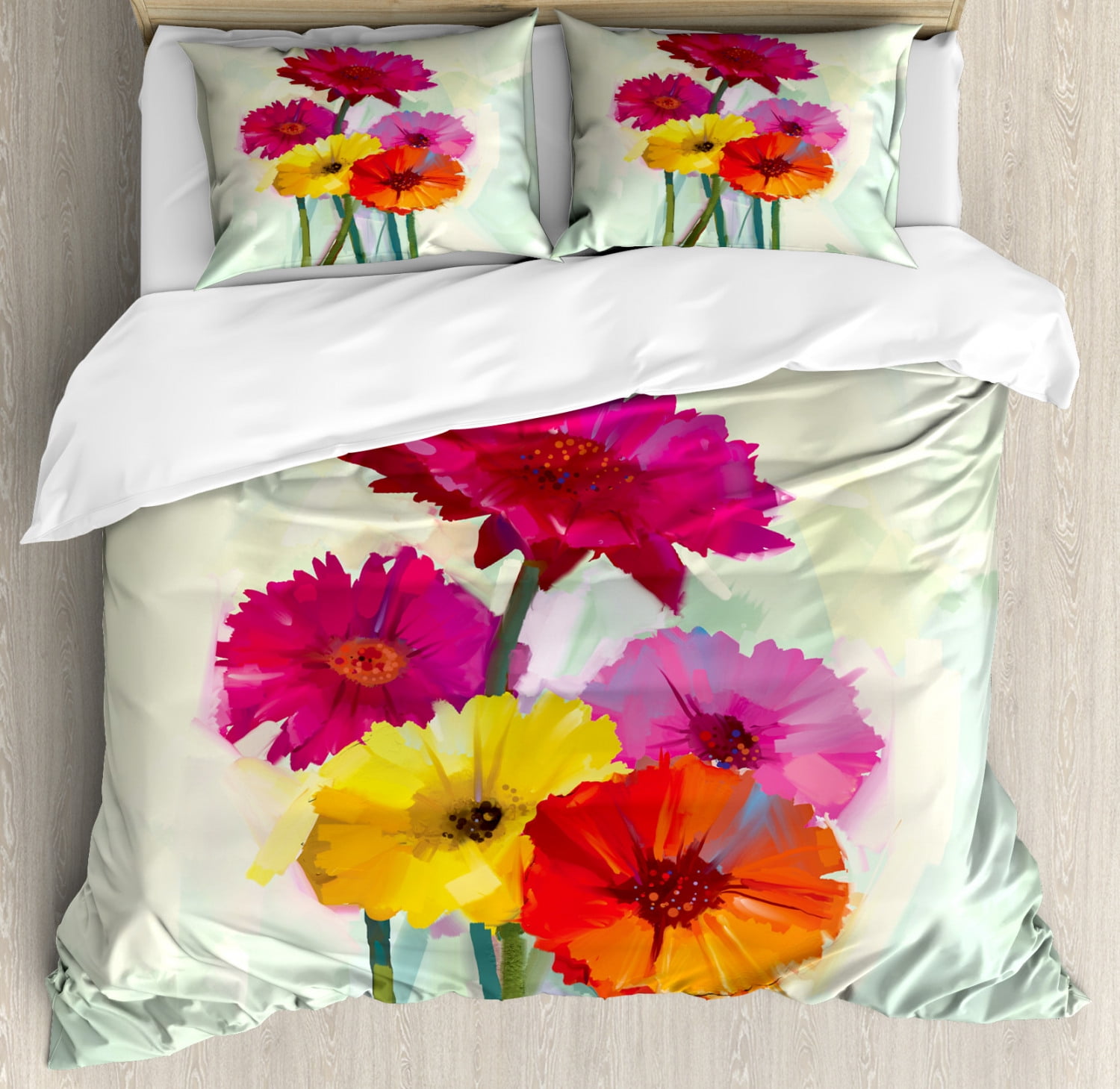 Gerber Daisy Duvet Cover Set King Size, Posy of Spring Flowers Oil Painting Style Impressionist ...