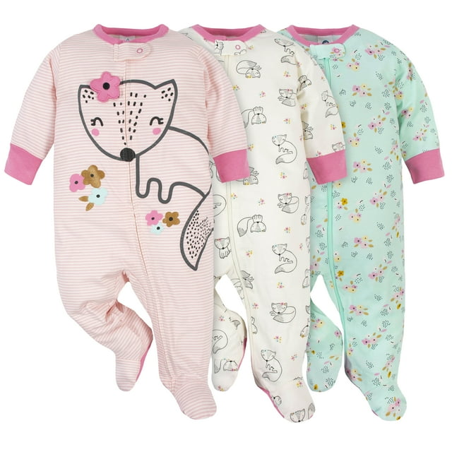 Gerber Girls' Infant Onesies, Long Sleeve Footed Sleepers, 3-Pack ...