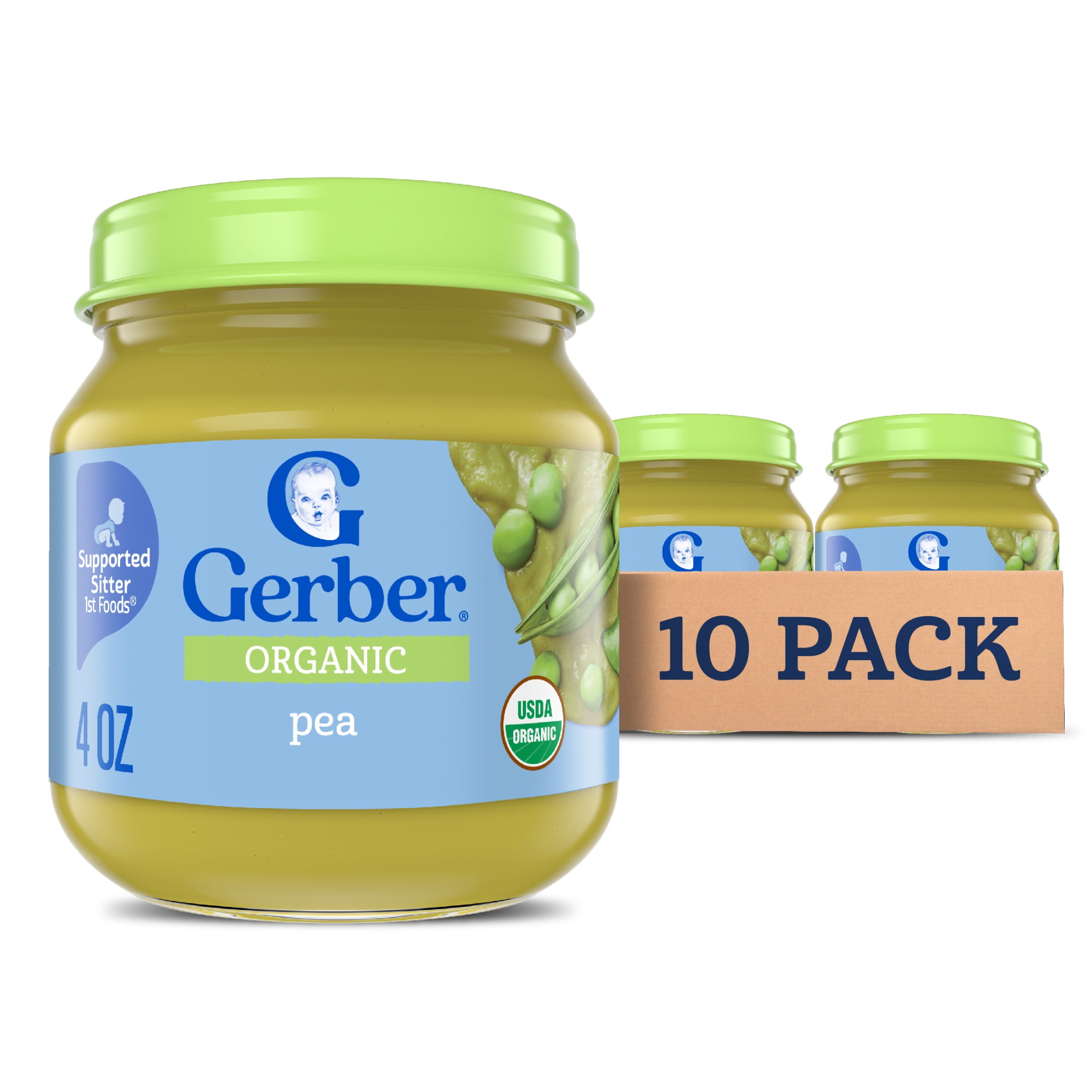 Gerber Stage 1 Baby Food, Organic Pea Jar, Vegetable, Non-GMO, Baby ...