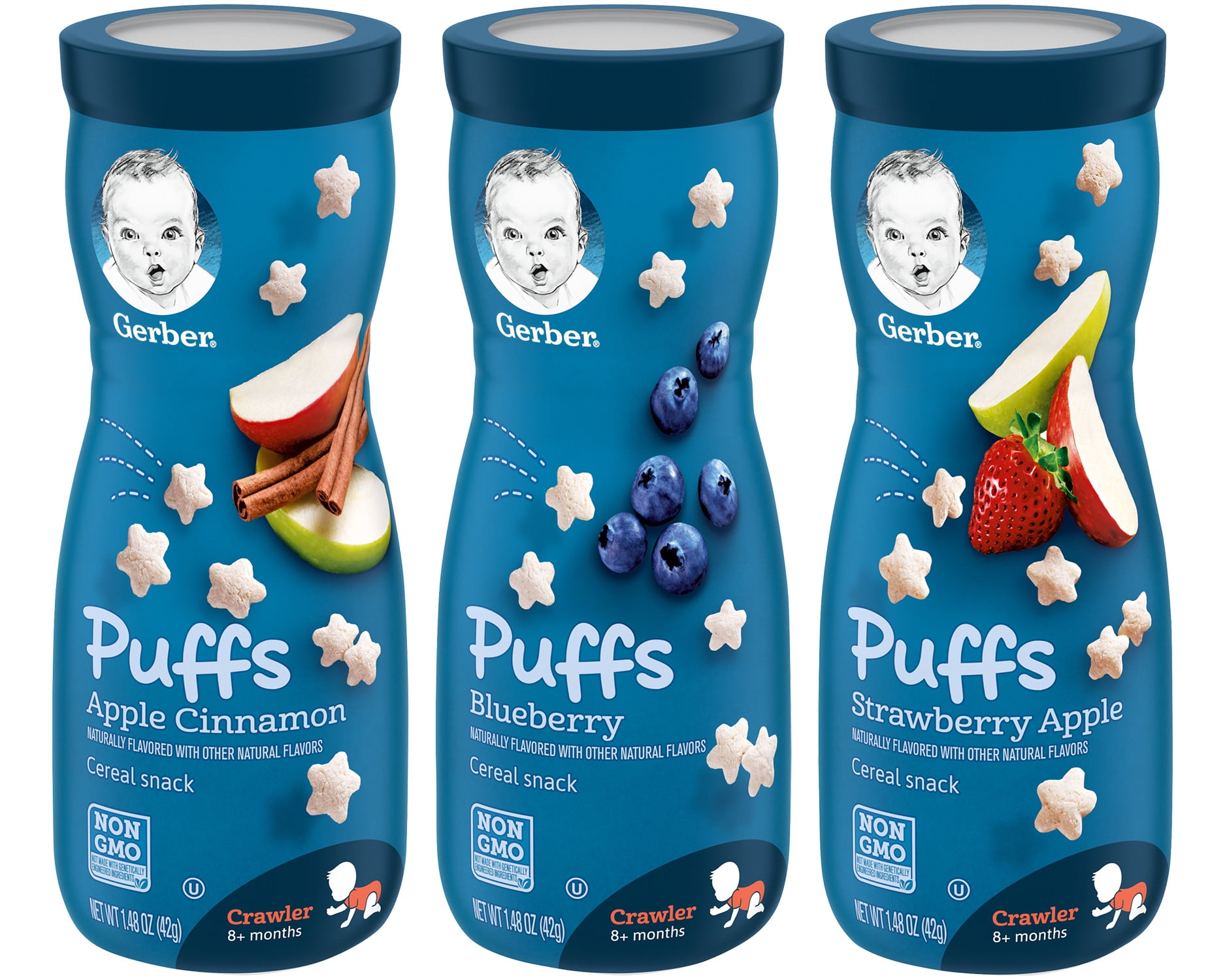 Gerber Puffs Cereal Snack Variety Pack, 1 Strawberry Apple, 1 Blueberry ...