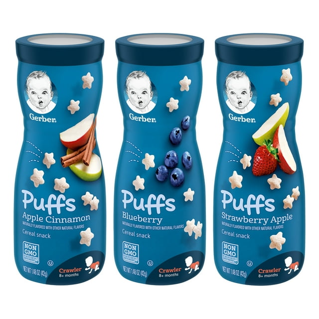 Gerber Puffs Cereal Snack Variety Pack, 1 Strawberry Apple, 1 Blueberry ...