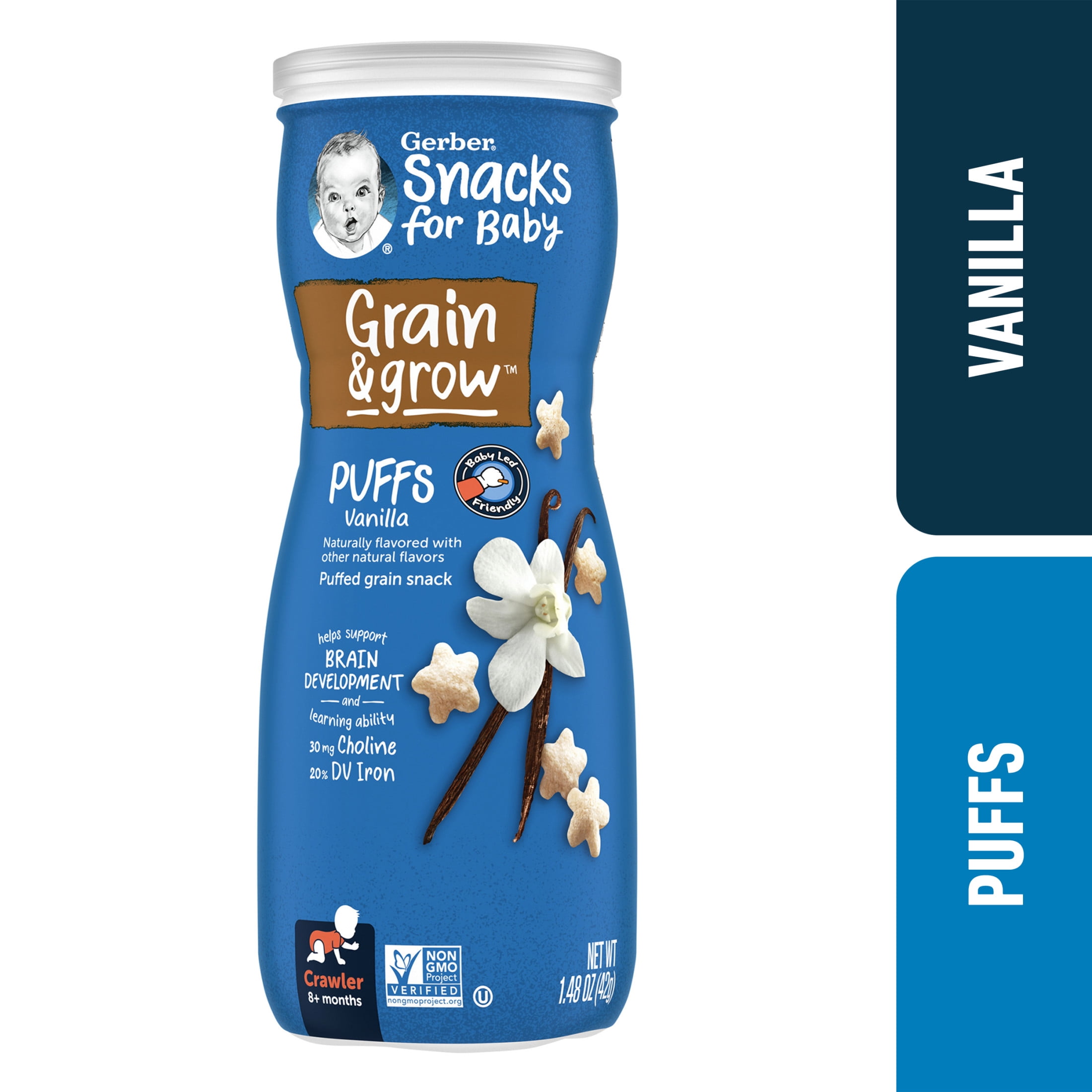 Gerber Snacks for Baby Grain & Grow Puffs, Vanilla, 1.48 oz Canister ...