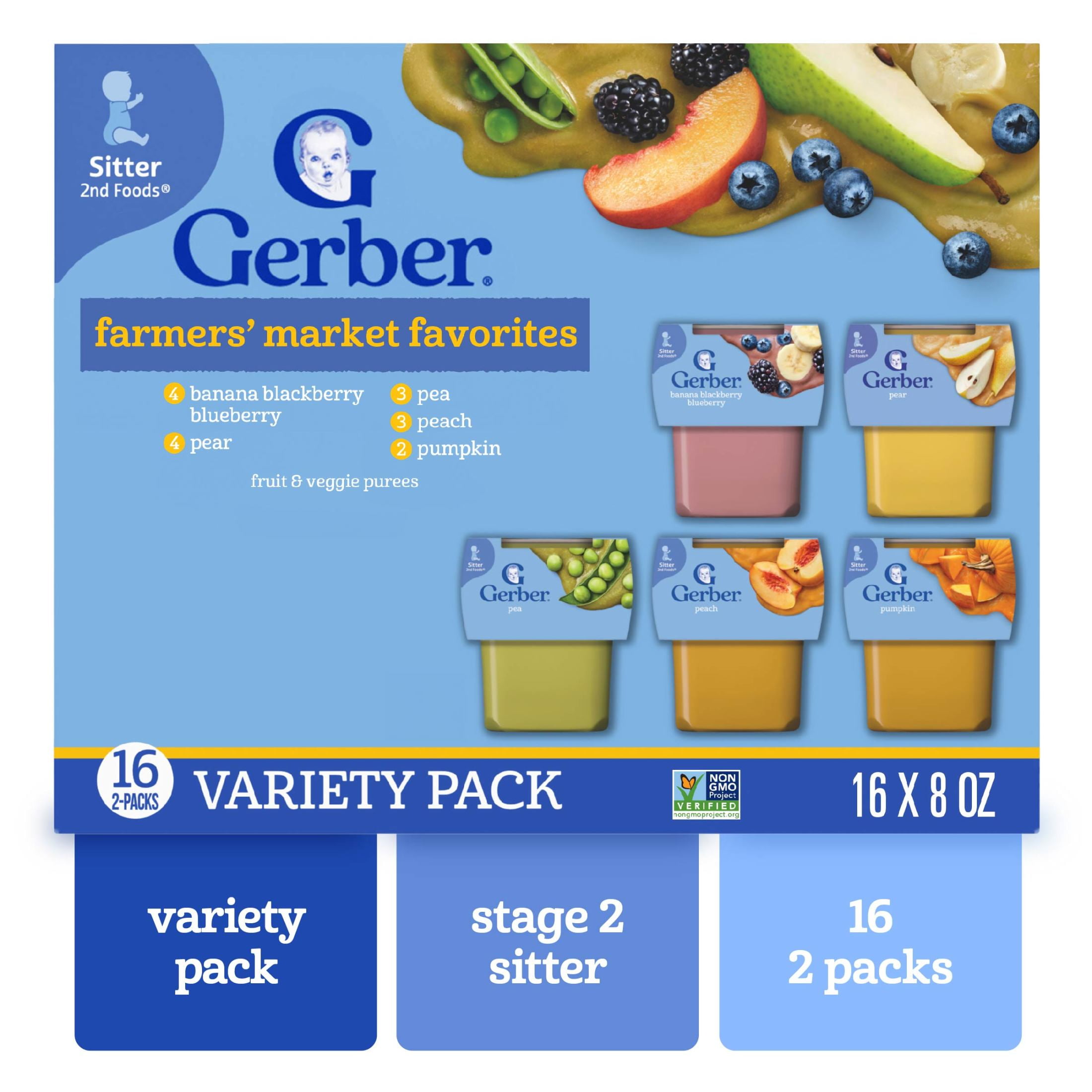Gerber Baby Food, Stage 2 Fruit and Veggie Puree Variety Pack, 2 oz ...