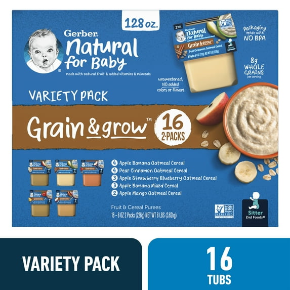 Gerber Stage 2 Baby Food, Fruit Cereal Variety Pack, 4 oz Tubs (32 Pack ...