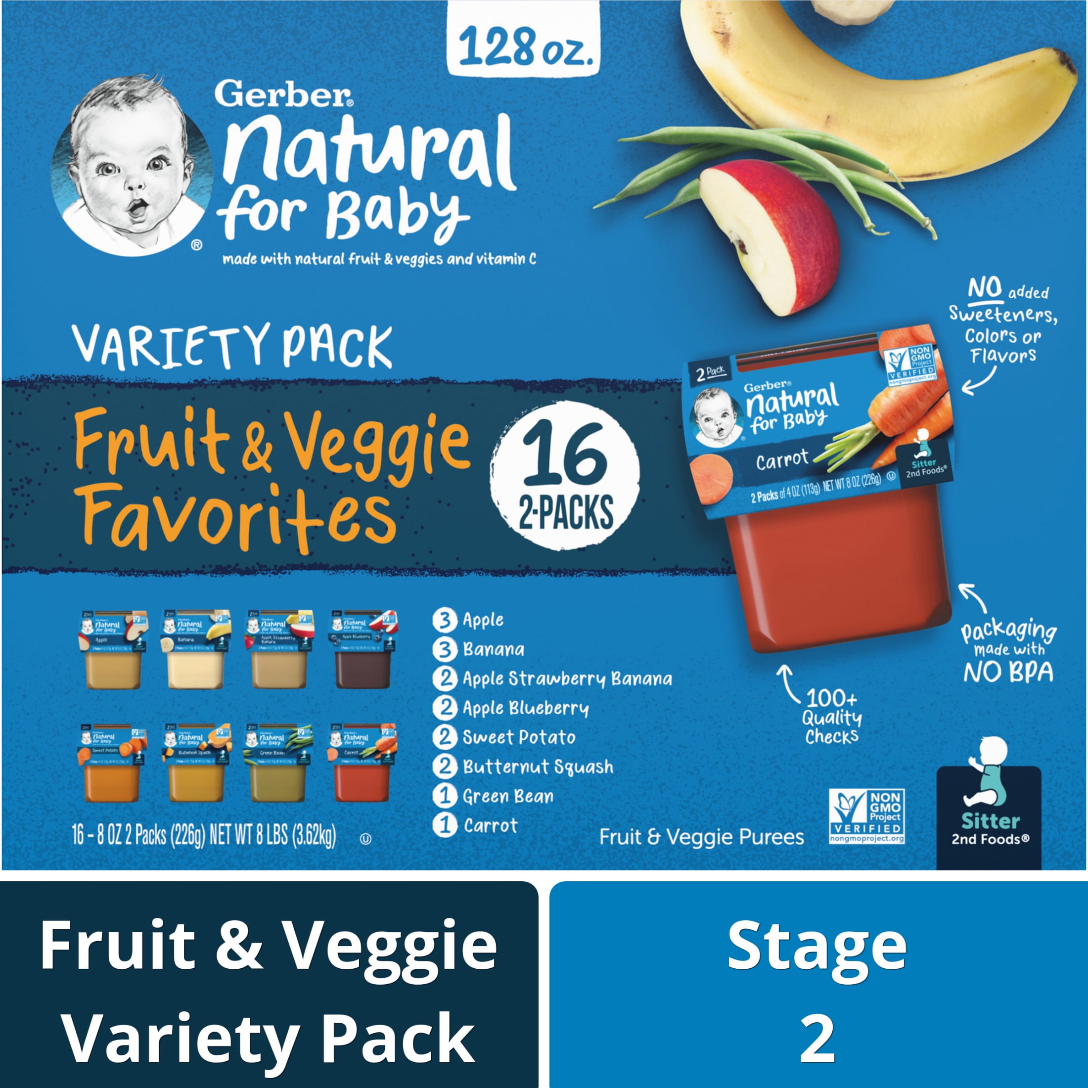 Gerber Stage 2 Baby Food Fruit & Veggie Variety Pack, 4 oz Tubs (2 pack ...