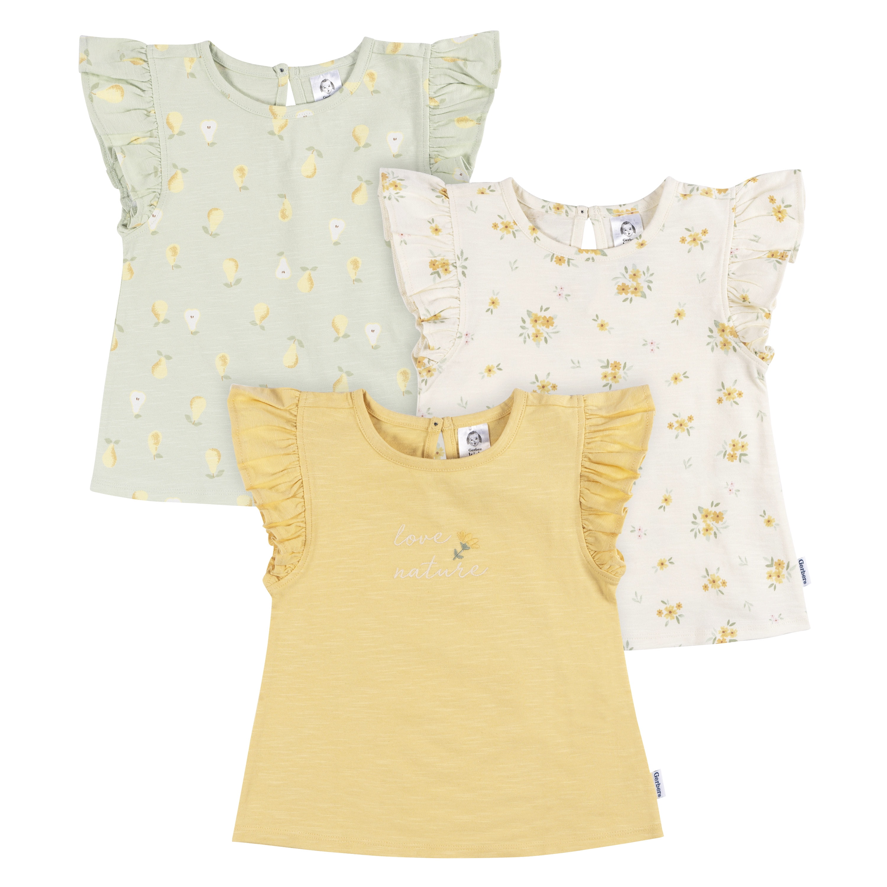 Gerber Toddler Girl Ruffle Sleeves T-Shirt, 3-Pack, Sizes 12 Months ...