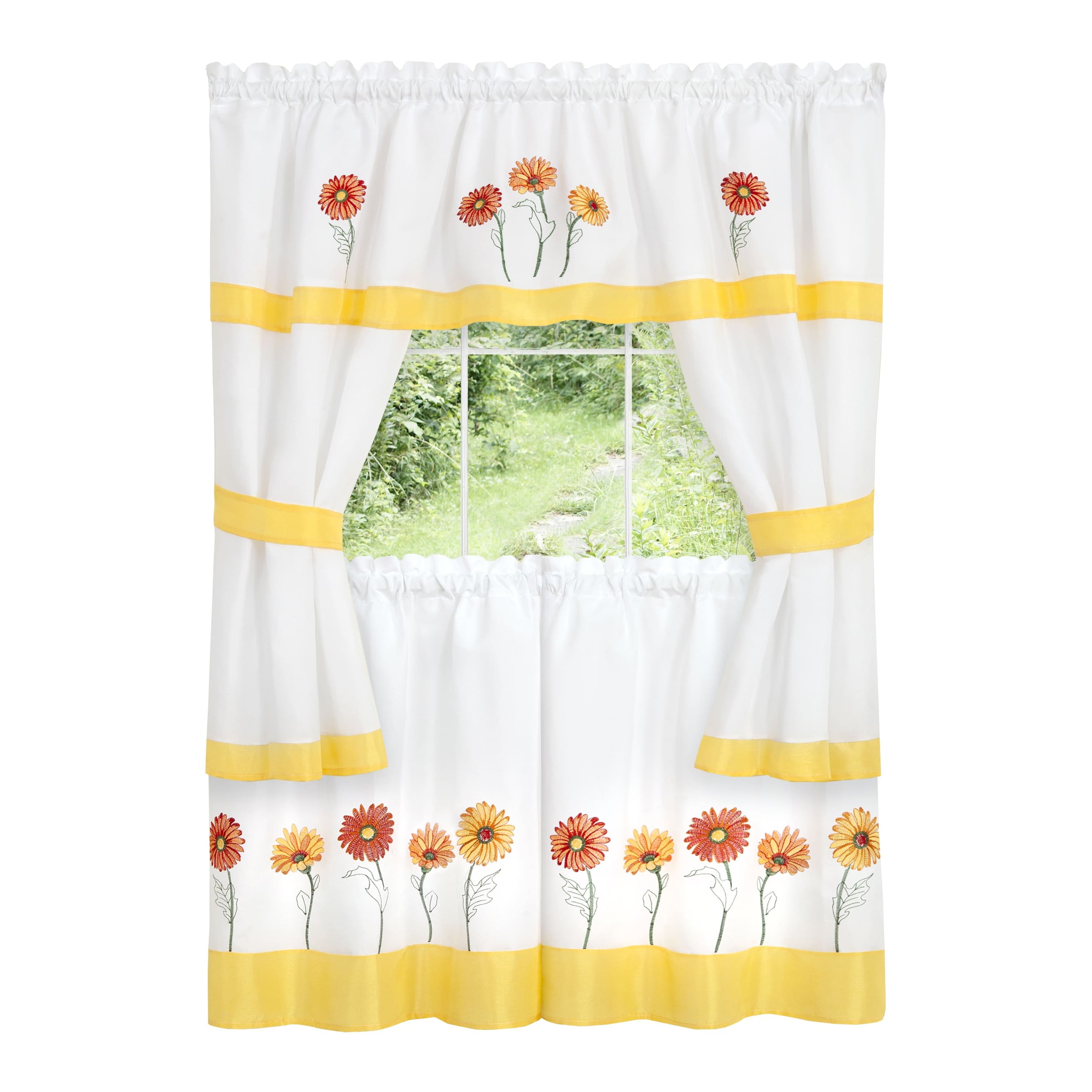 Gerbera Daisy Embellished Cottage Window Curtain Set - 58x24 - Walmart.com