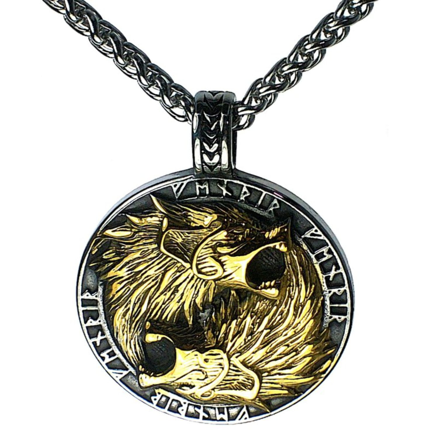 Geri Freki Viking Necklace Stainless Steel Helm of Awe Rune Wolf Norse ...