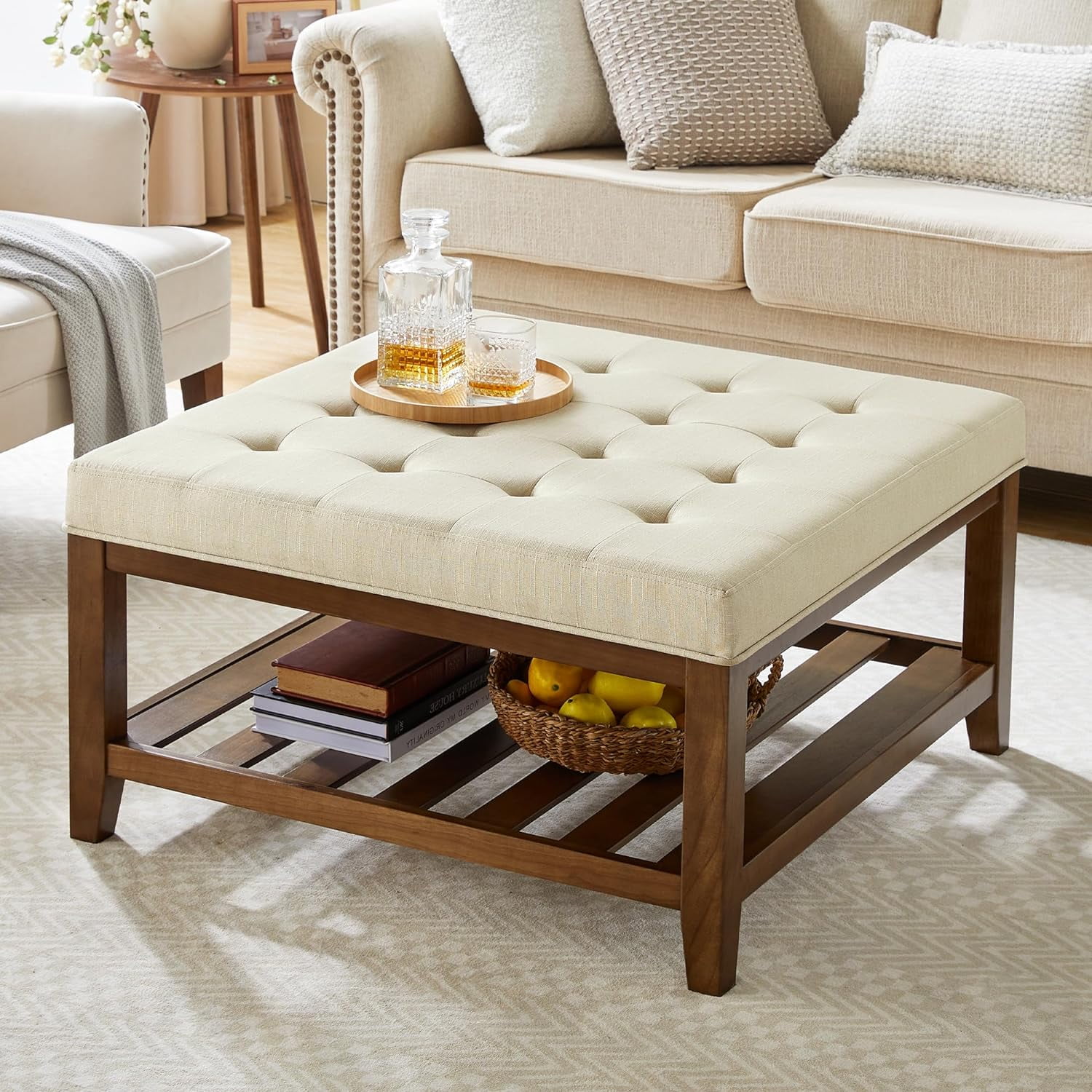 Gericco Upholstered Button Tufted Linen Ottoman Coffee Table, Square ...