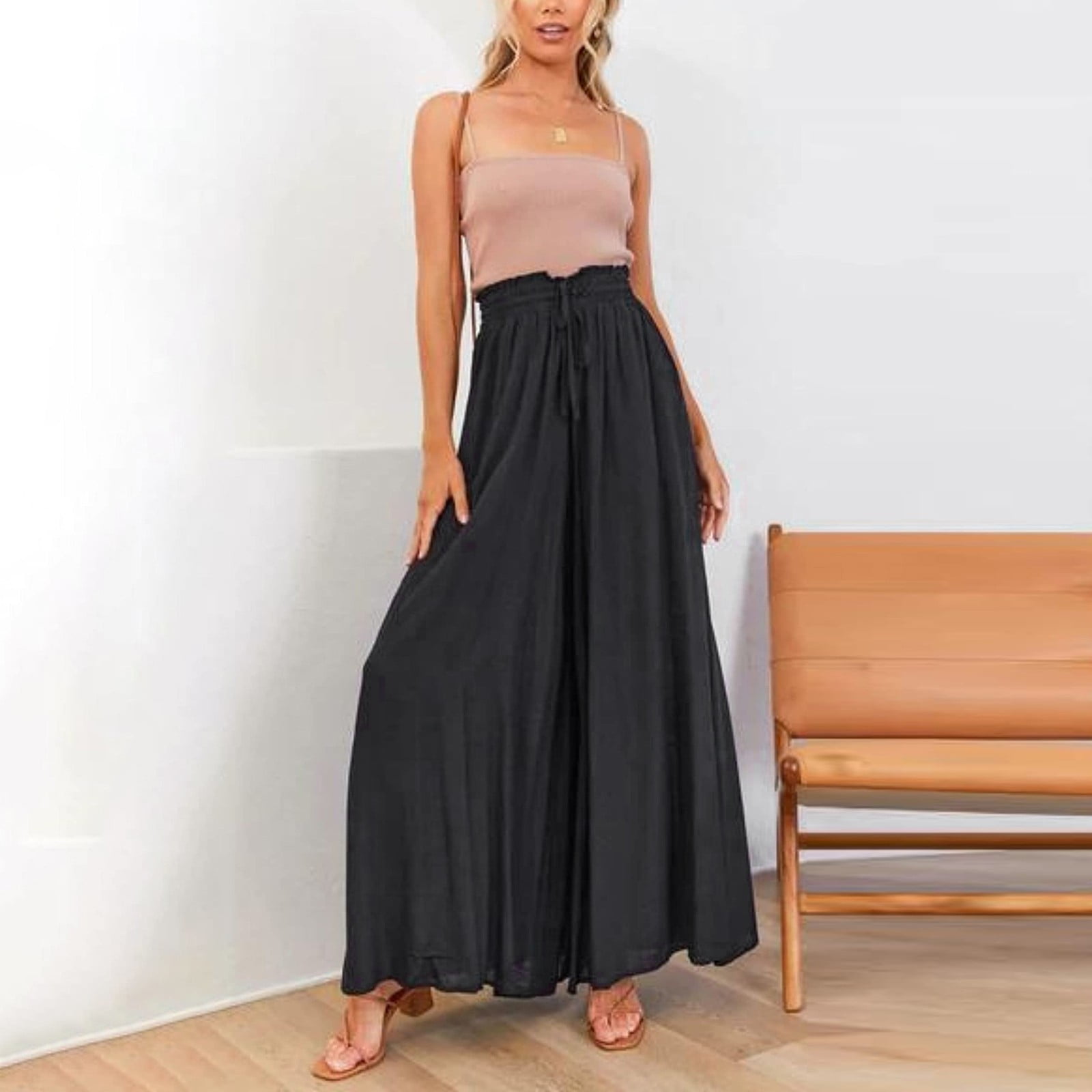 Gerichy Pants for Women Flowy Dressy Casual Elastic High Waist Wide Leg ...