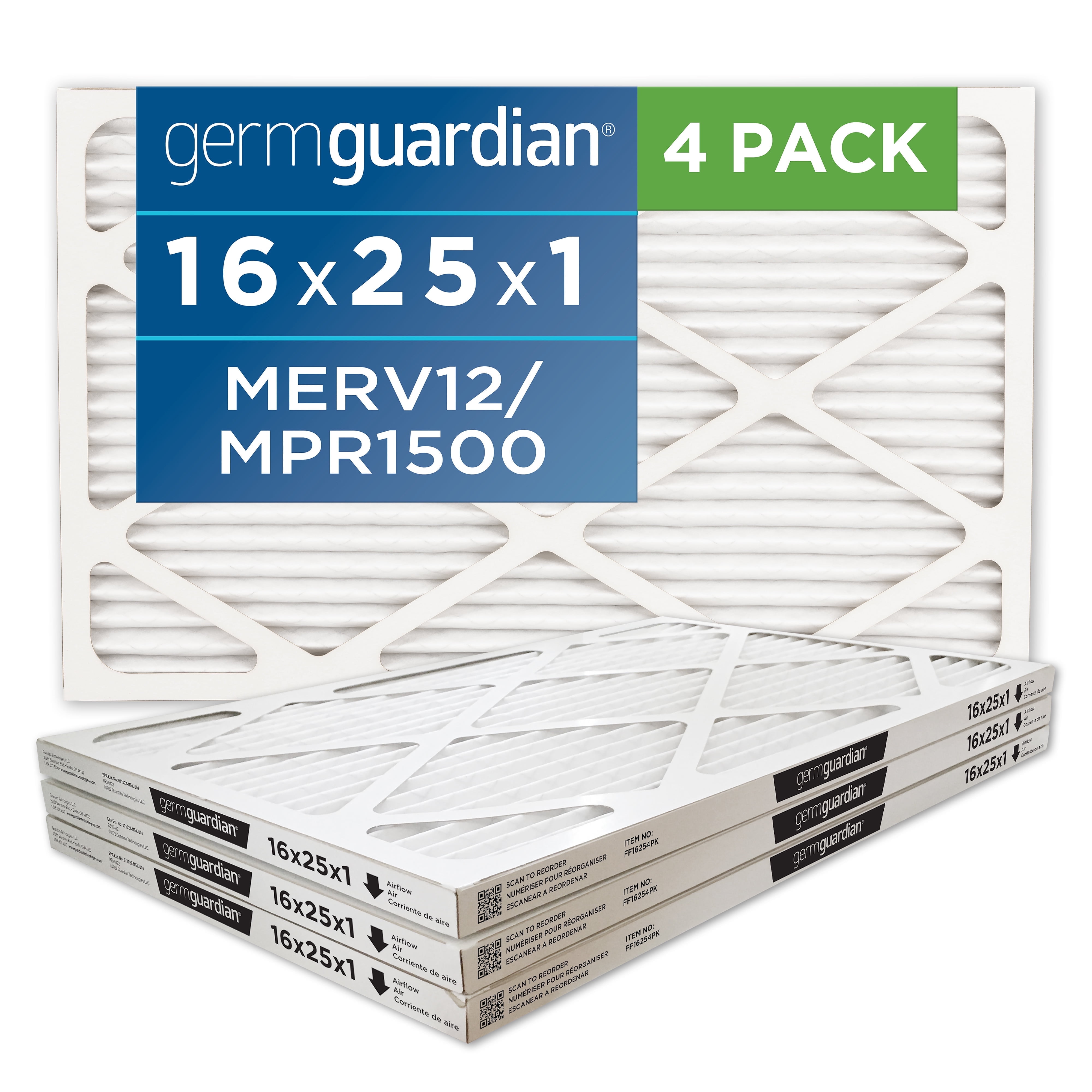 Germ Guardian Easy Fit 16x25x1 MERV 12 Pleated HVAC AC Furnace Air ...