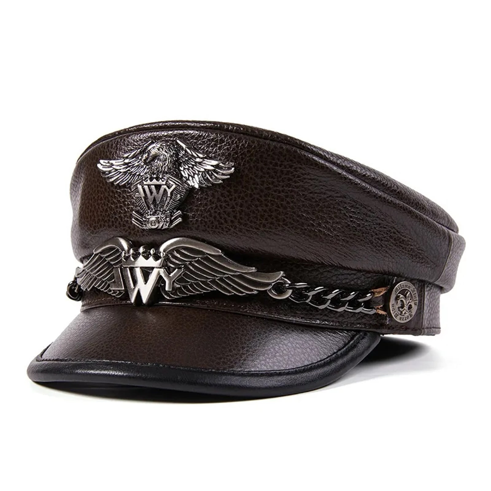 German Army Cap Natural Leather Flat Top Hat Men's Cowhide Captain's ...