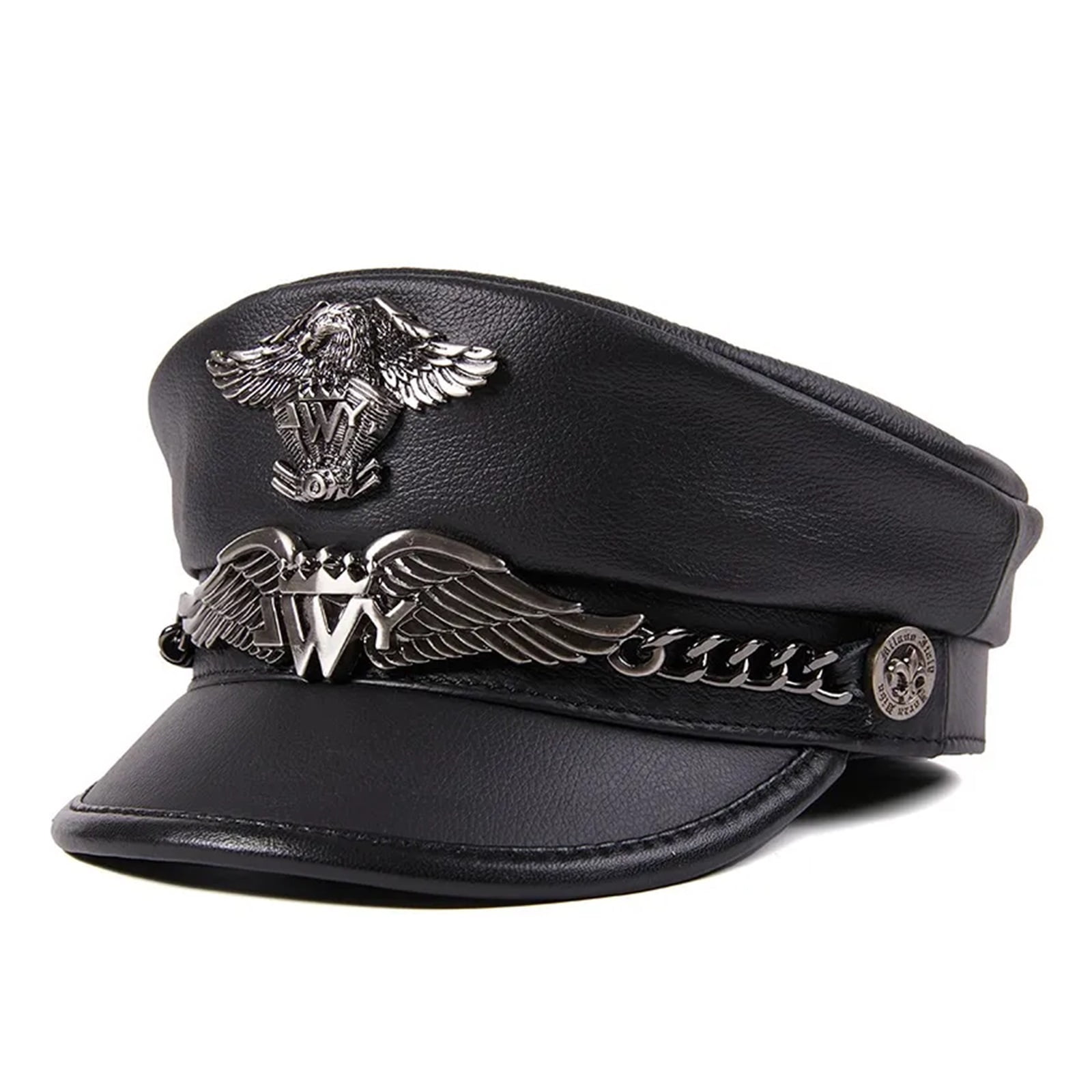 German Army Cap Natural Leather Flat Top Hat Men's Cowhide Captain's ...