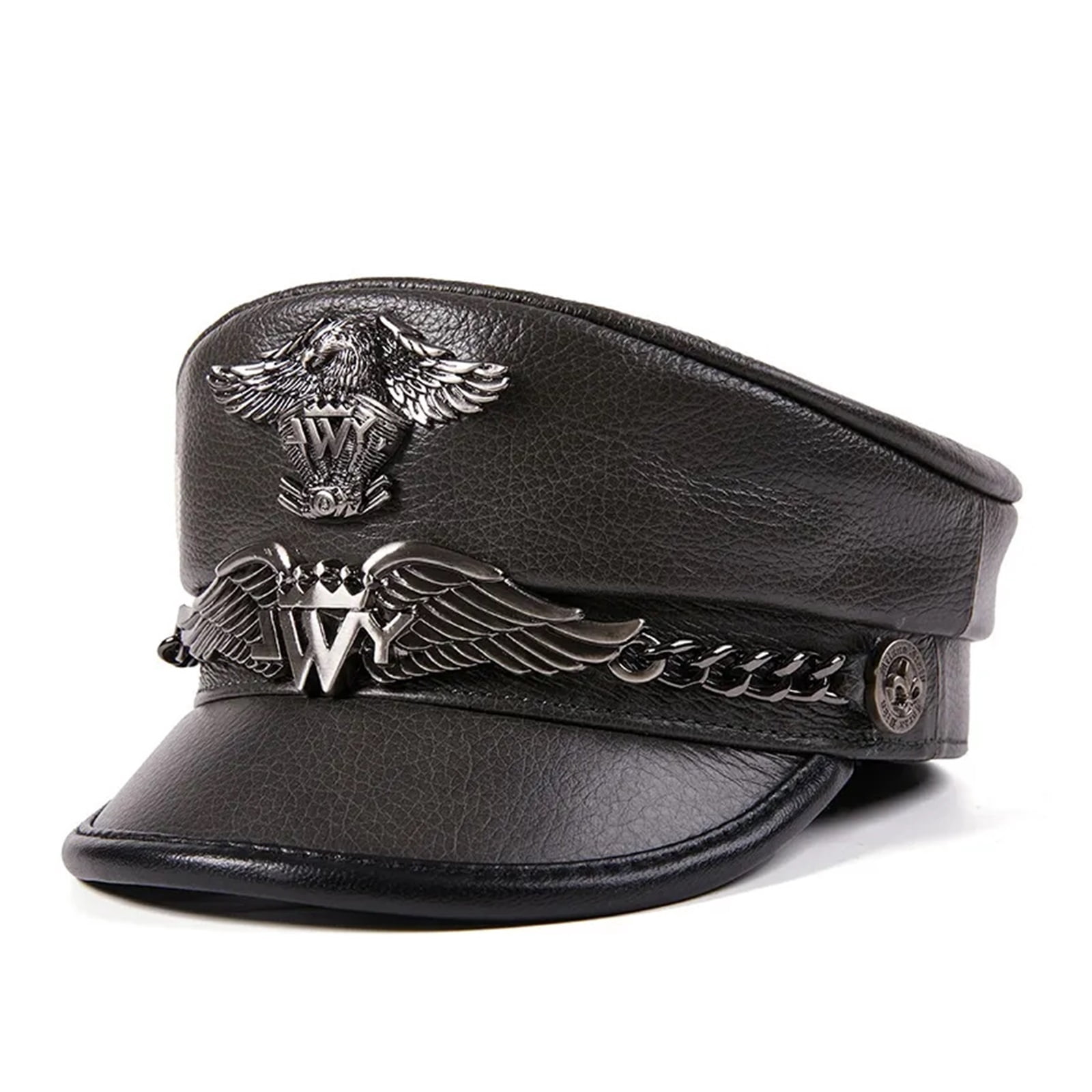 German Army Cap Natural Leather Flat Top Hat Men's Cowhide Captain's ...