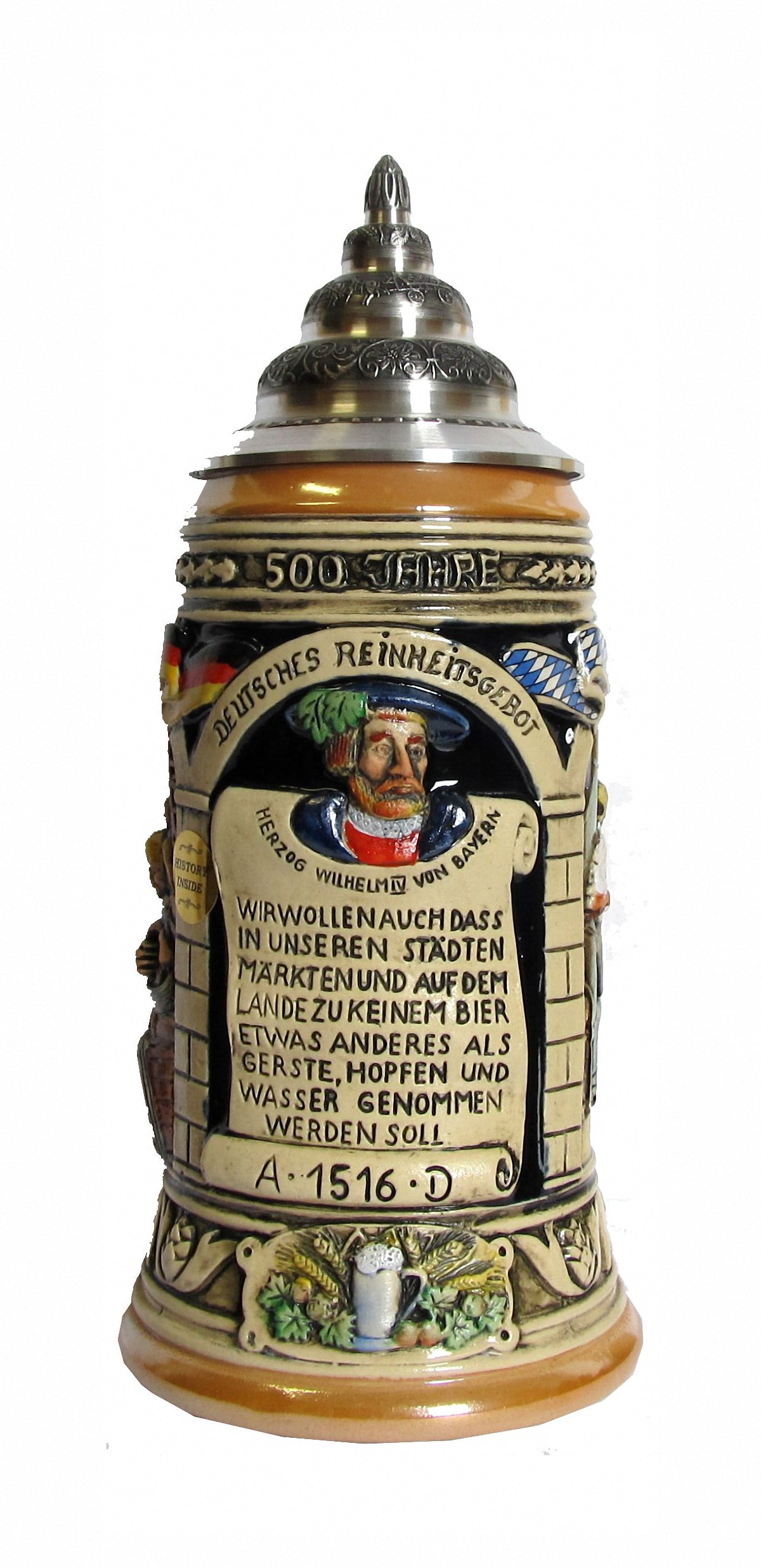 German Beer Stein 500 Years Beer Purity Law 1 liter tankard, beer mug ...