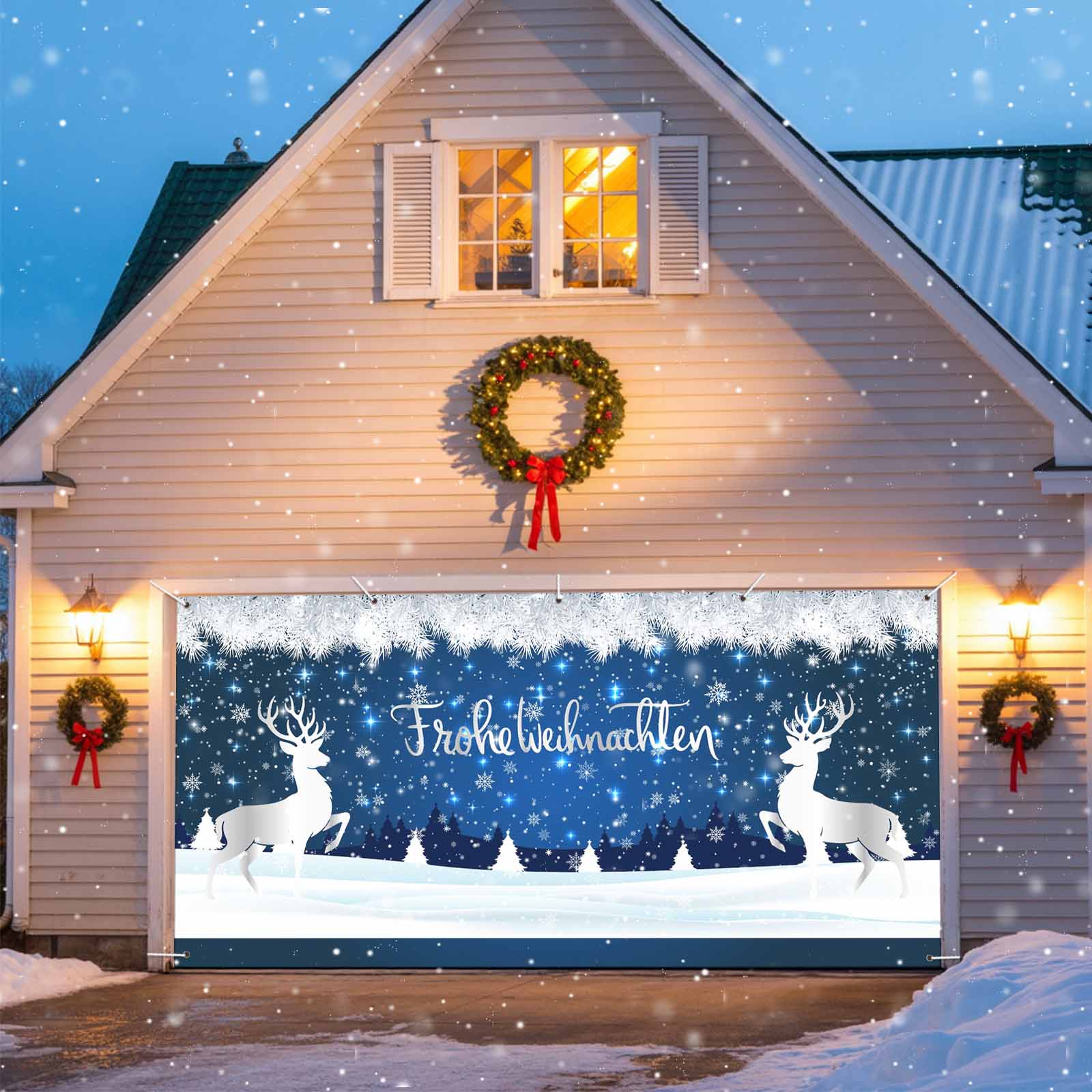 German Christmas Garage Door Banner Covers, Winter White Elk Snowflakes ...