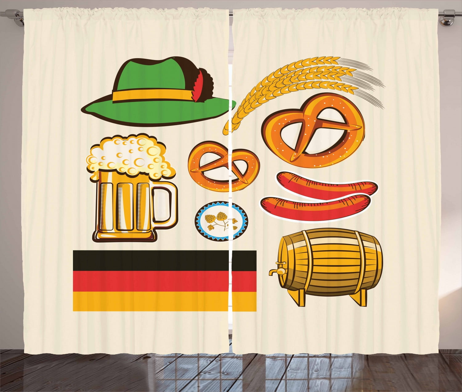 Ambesonne German Curtains 2 Panel Set, Wheat Beer Pretzels, 108" x 63 ...