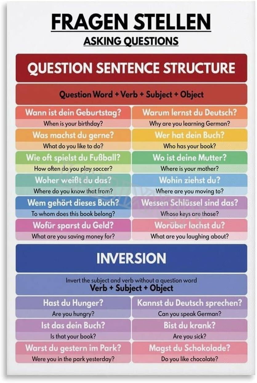 German Language Poster Questions Words Grammar Wall Art for Living Room ...