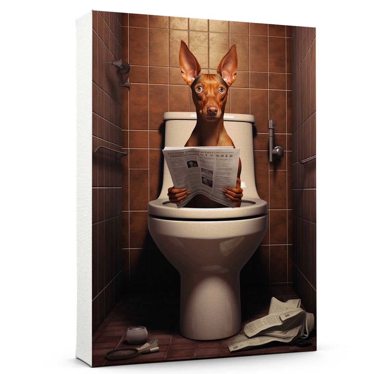 German Pinscher Gift Wall Art, Cute Dog Sitting on The Toilet Reading a ...