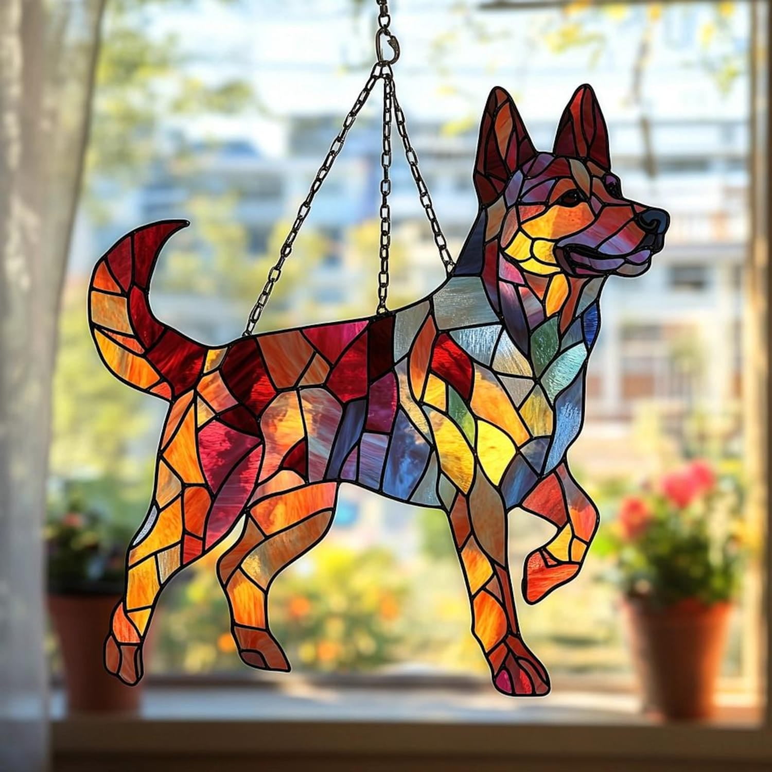 German Shepherd Acrylic Suncatcher, Faux Stained Glass Window Hanging ...