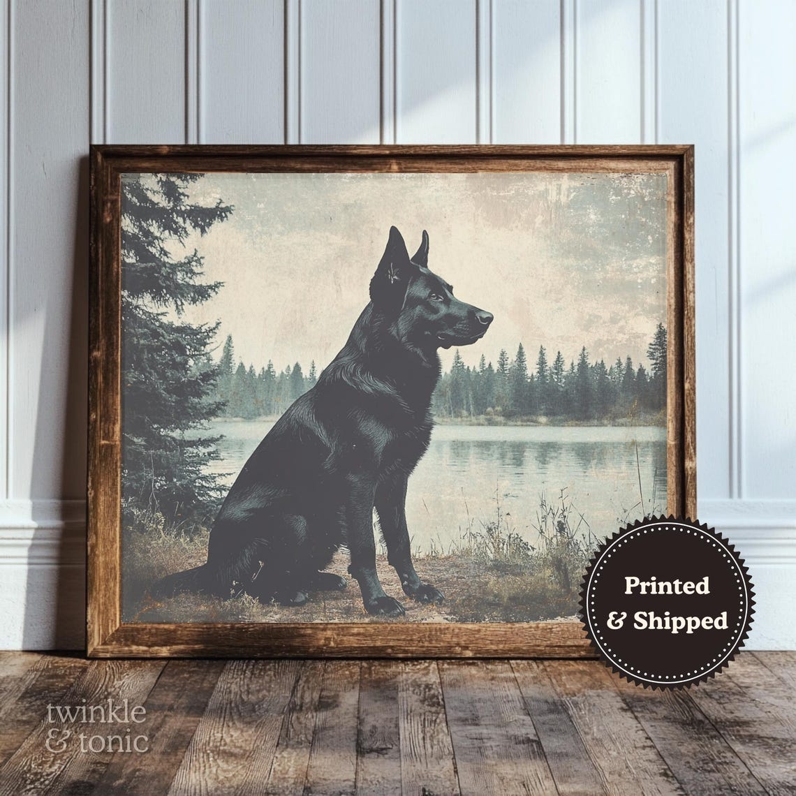 German Shepherd Art Print Moody Nature Dog Lover Vintage Lakehouse ...