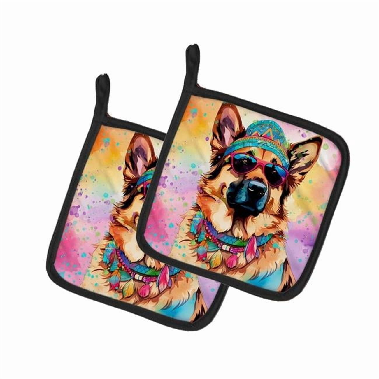 German Shepherd Hippie Dawg Pair of Pot Holders 7.5 in x 7.5 in ...