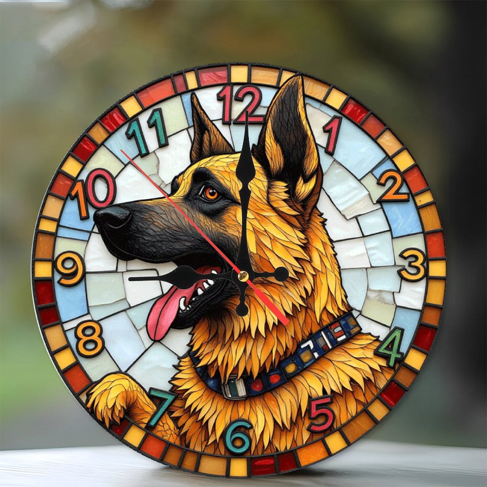 German Shepherd Stained Glass Wall Clock Decorative Art 10-Inch Silent ...
