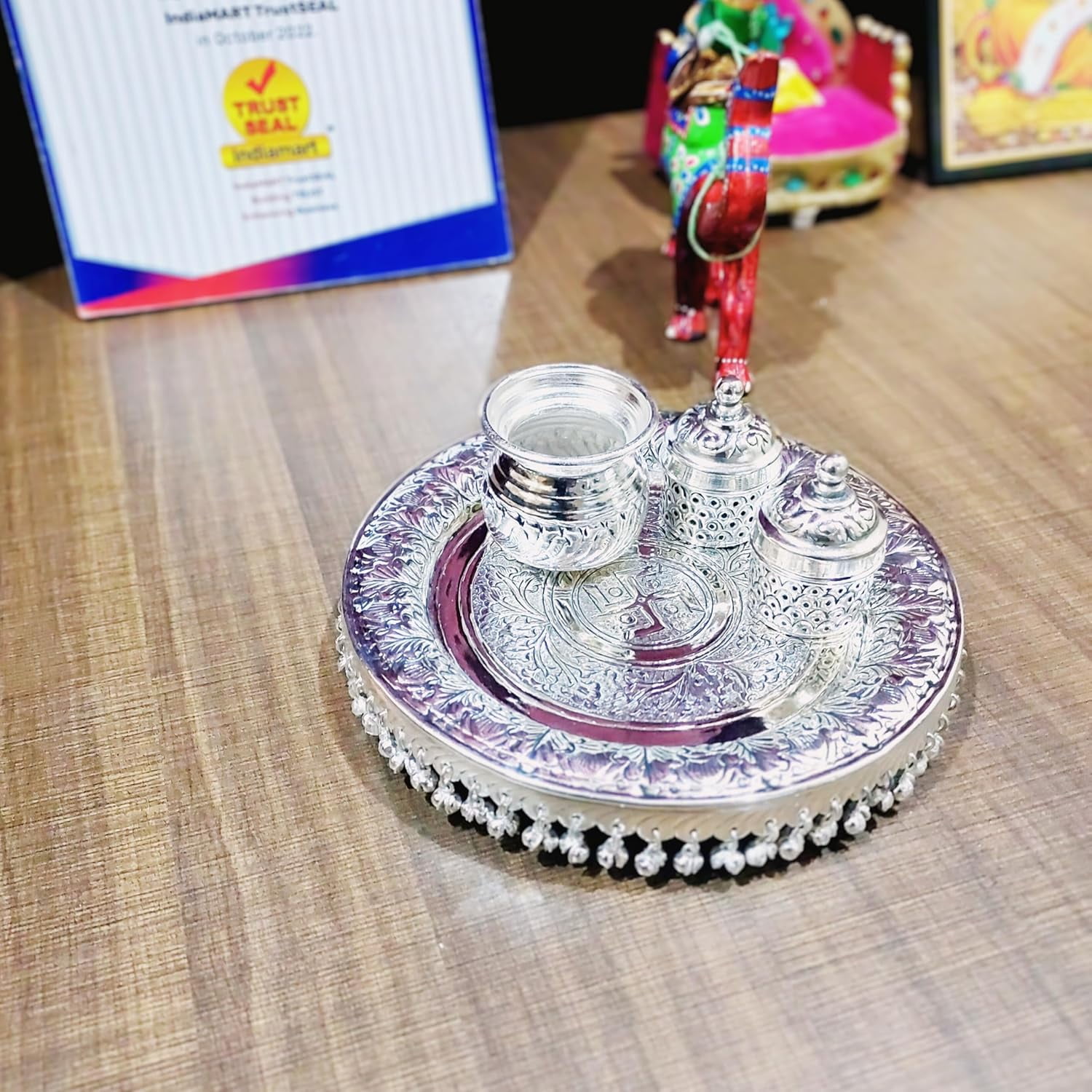 German Silver Hand Engraved Heavy Mini Pooja Thali with Full Ghungru ...