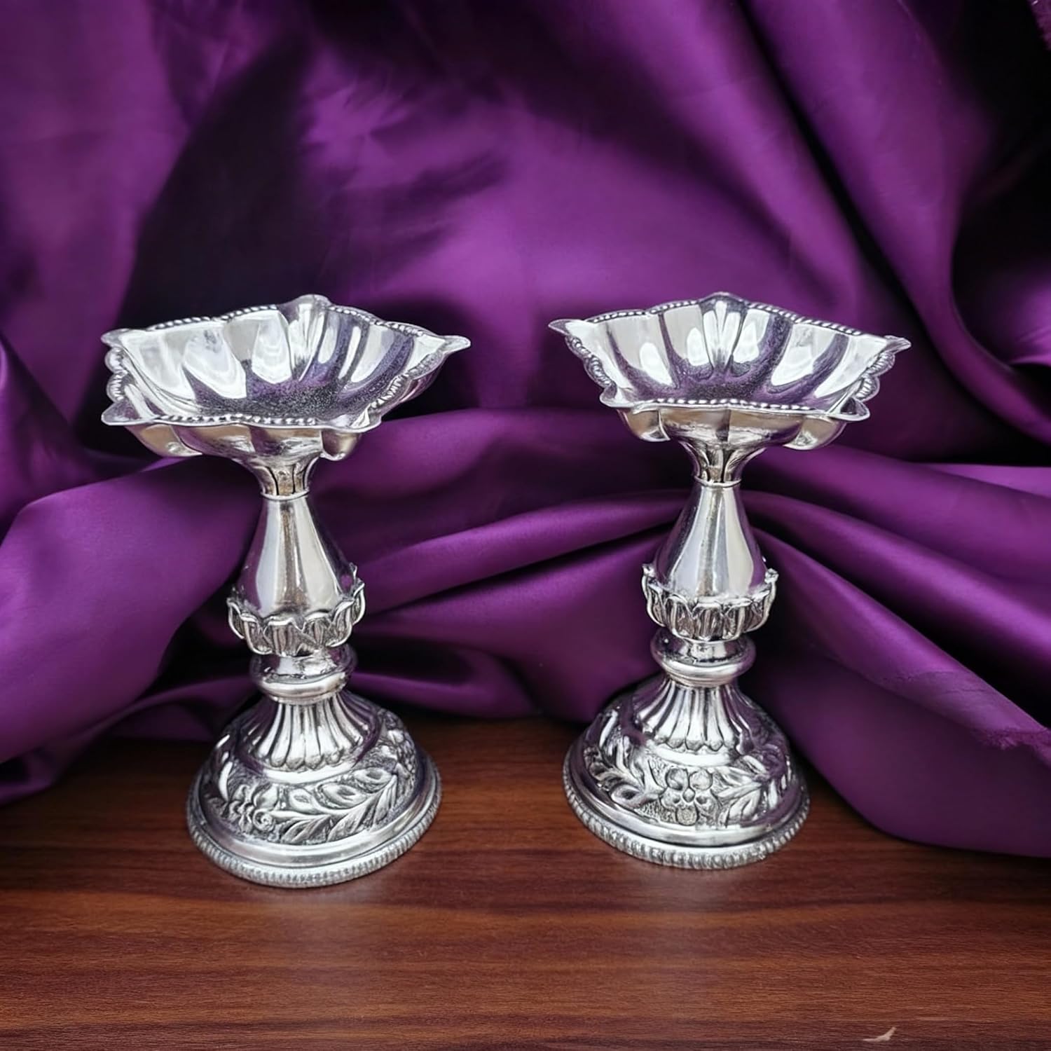 German Silver Panchmukhi Diya Pair – Antique Finish Pooja Lamps for ...